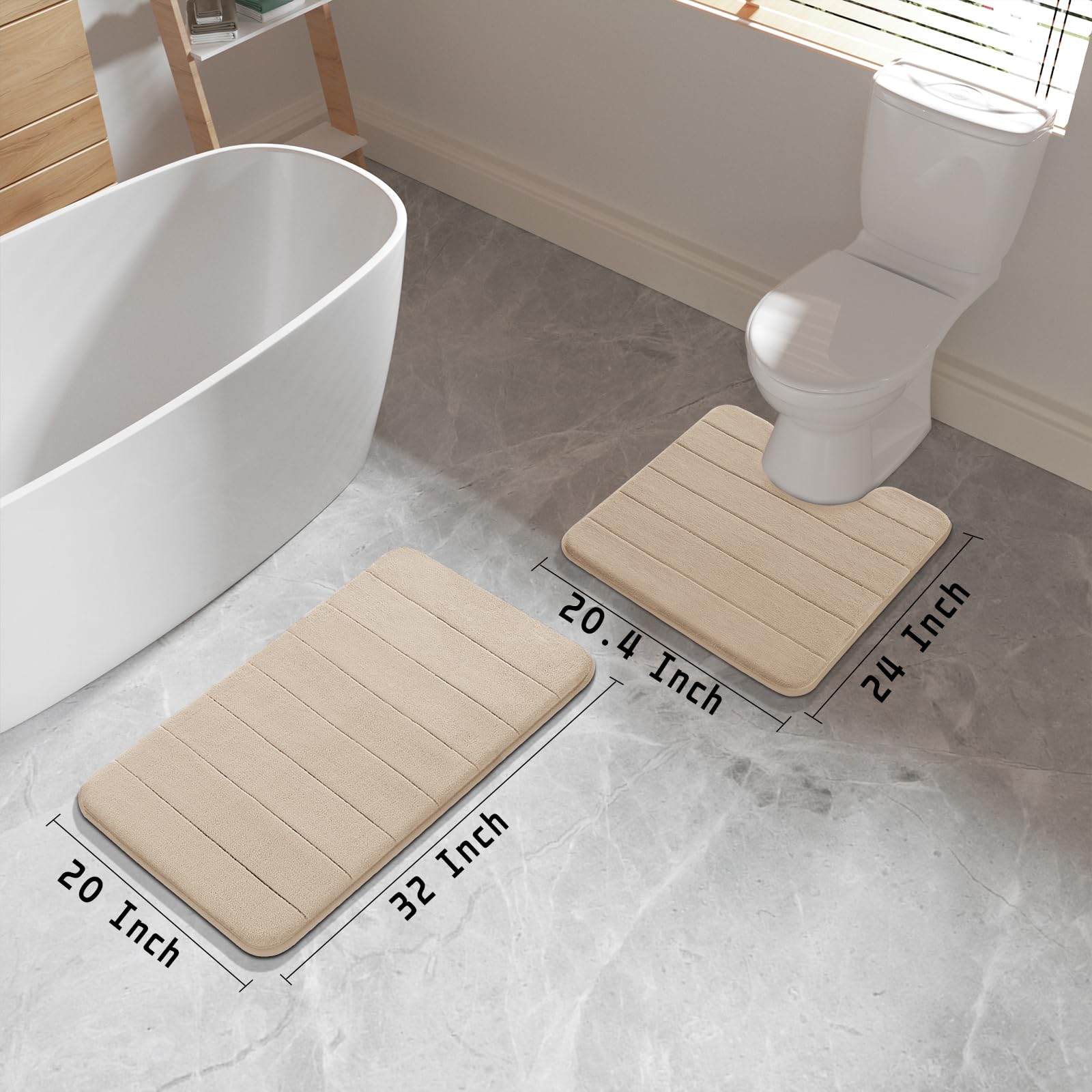 Yimobra Memory Foam Bath Mat Set, 2 Pieces Soft Bathroom Rugs,31.5x19.8 and 24x20.4 U-Shaped for Bathroom Rugs, Toilet Mats, Water Absorption, Non Slip, Thick, Dry Fast for Bathroom Floor Mats, Beige