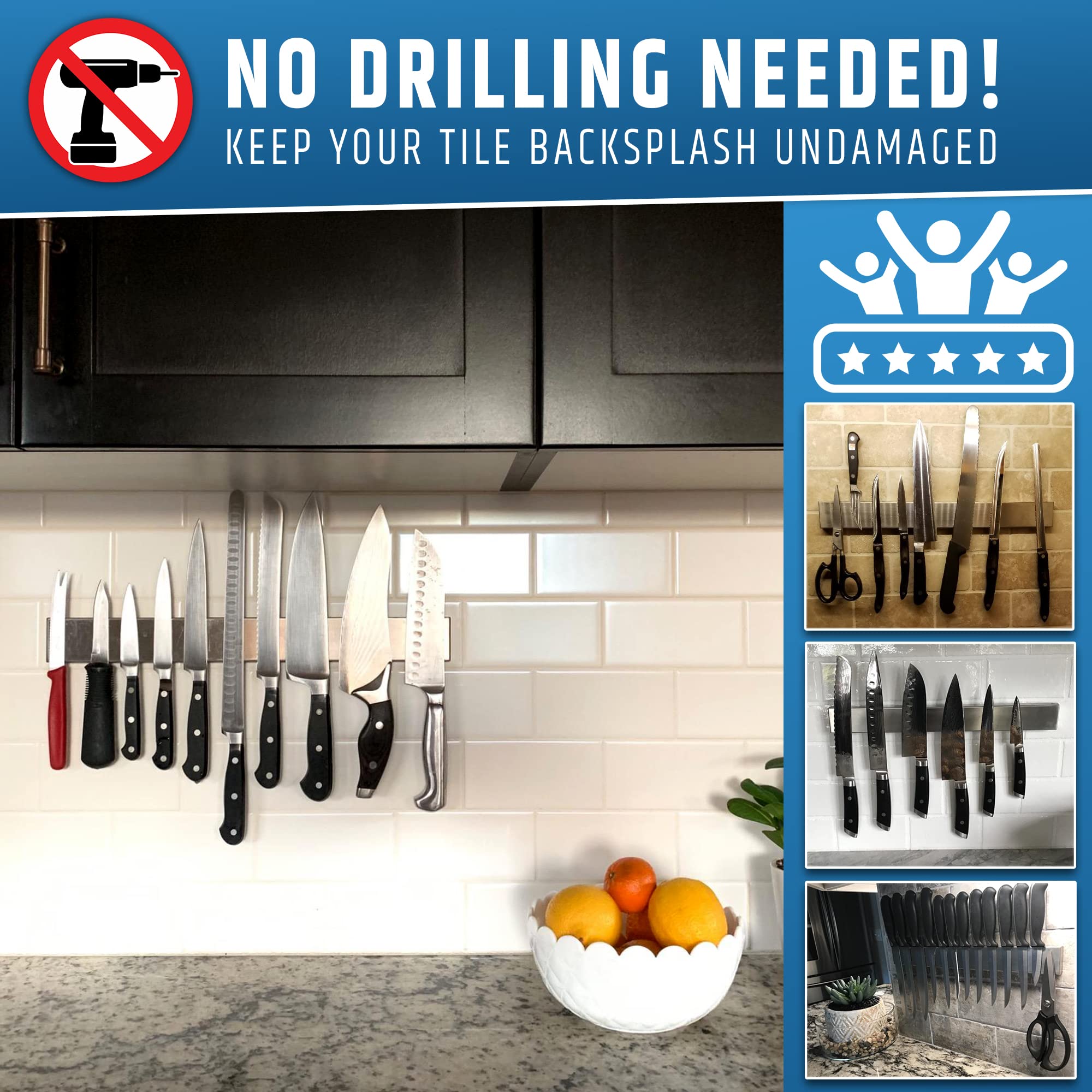 Strong Adhesive (No Drill) Magnetic Knife Holder for Wall - Professional 17 Inch Knife Strip - No Screws Needed - Adhesive Backing - Stainless Steel Knife Bar (Upgraded Version β Will Not Fall)