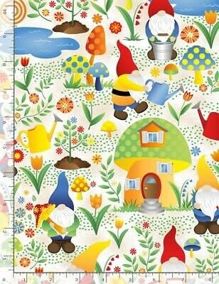 Strong-Store Garden Fabric - Gnome Worry Be Happy Mushroom White - Yard 100% Cotton