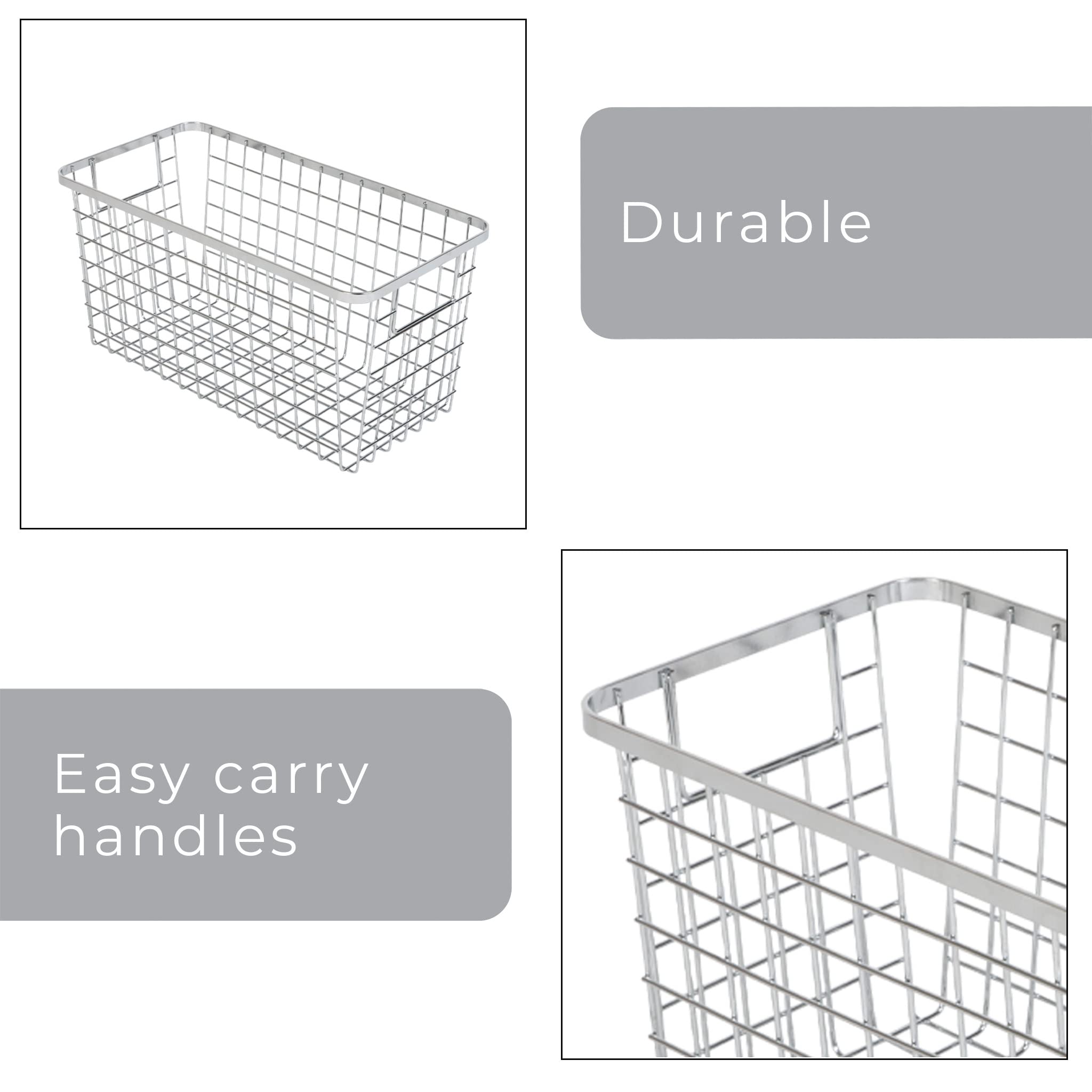 Smart Design Nestable Basket Organizer with Handles - Storage Bins for Kitchen, Pantry, Laundry, Bathroom, and Garage - Steel - 6 x 12 x 6 - Chrome - Set of 4