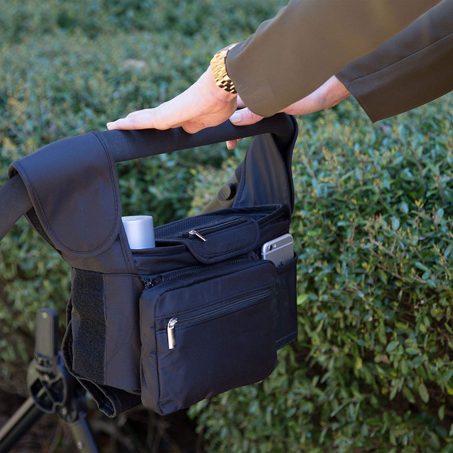 YEYUNTO STROLLER ORGANIZER with cup holders NON-SKID strap FITS ALL strollers, Compact Mirror, Storage for Phone, Wallet, Toys