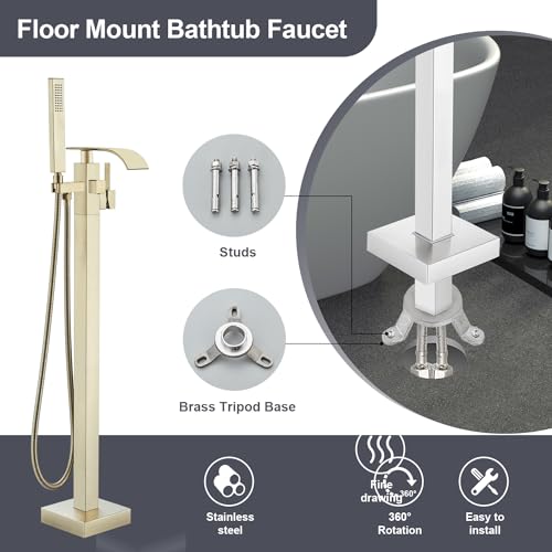 Senlesen Freestanding Bathtub Faucets Floor Mounted Tub Filler Faucet with Handshower Brushed Gold