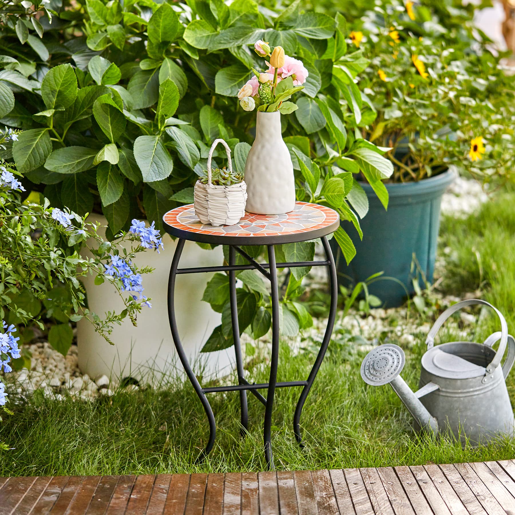 VONLUCE Mosaic Side Table and Plant Stand + French Vintage Foot Stool with Rustic Wood Legs and Padded Seat