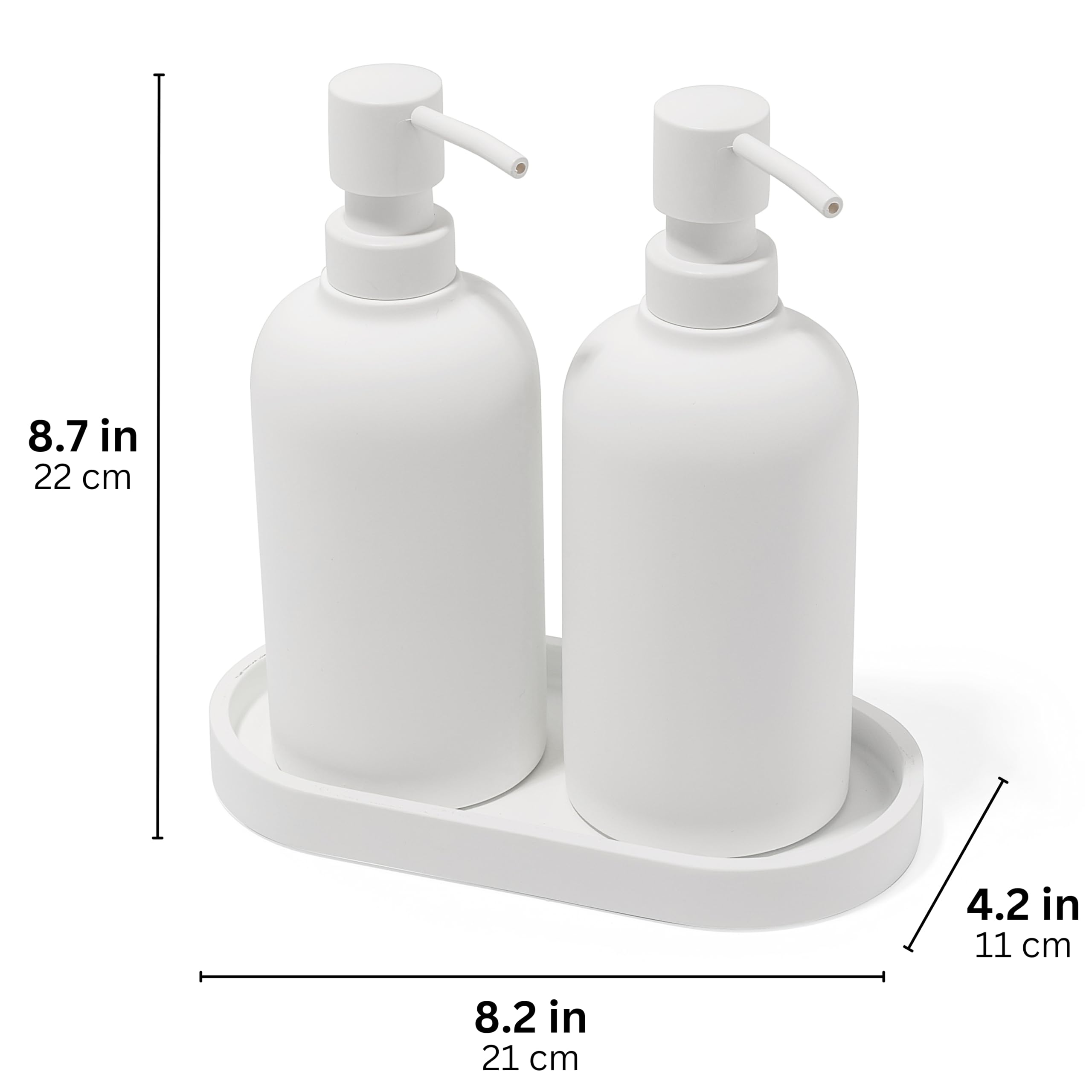 Yew Design - Matte White Soap Dispenser Set with Tray, 2 Pack 15oz Round Rustproof Liquid Hand Dish Soap Dispensers with Tray for Kitchen Sink, Countertop, and Bathroom