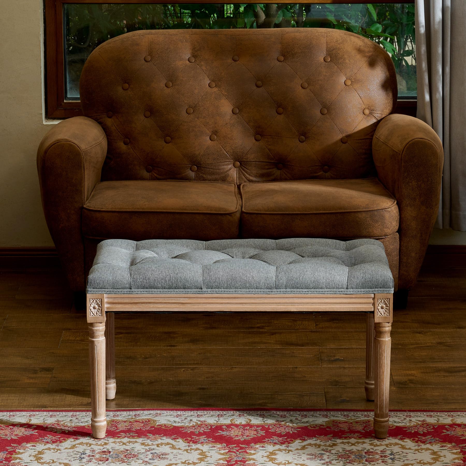 VONLUCE Vintage Bench, 31 in x 16 in, Beige Rubberwood, Button Tufted, with 2 Layer Padding, for Foyers, Entryways, Piano, Dining, Living Room