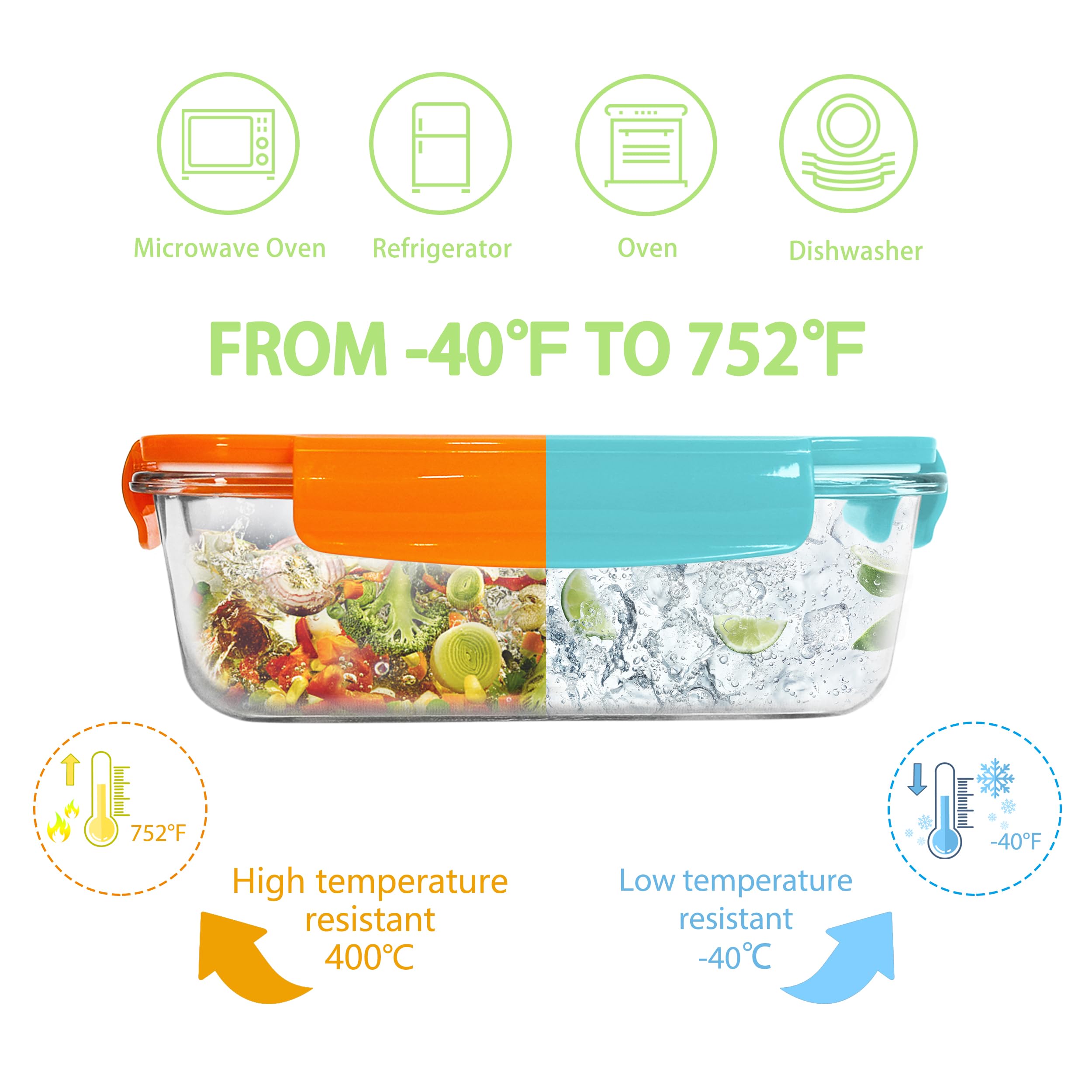 ZRRHOO 10 Pack Glass Meal Prep Containers with Lids, Food Storage Containers with Built in Vent, Airtight Bento Boxes for Lunch, BPA Free & Leak Proof (Black&White)