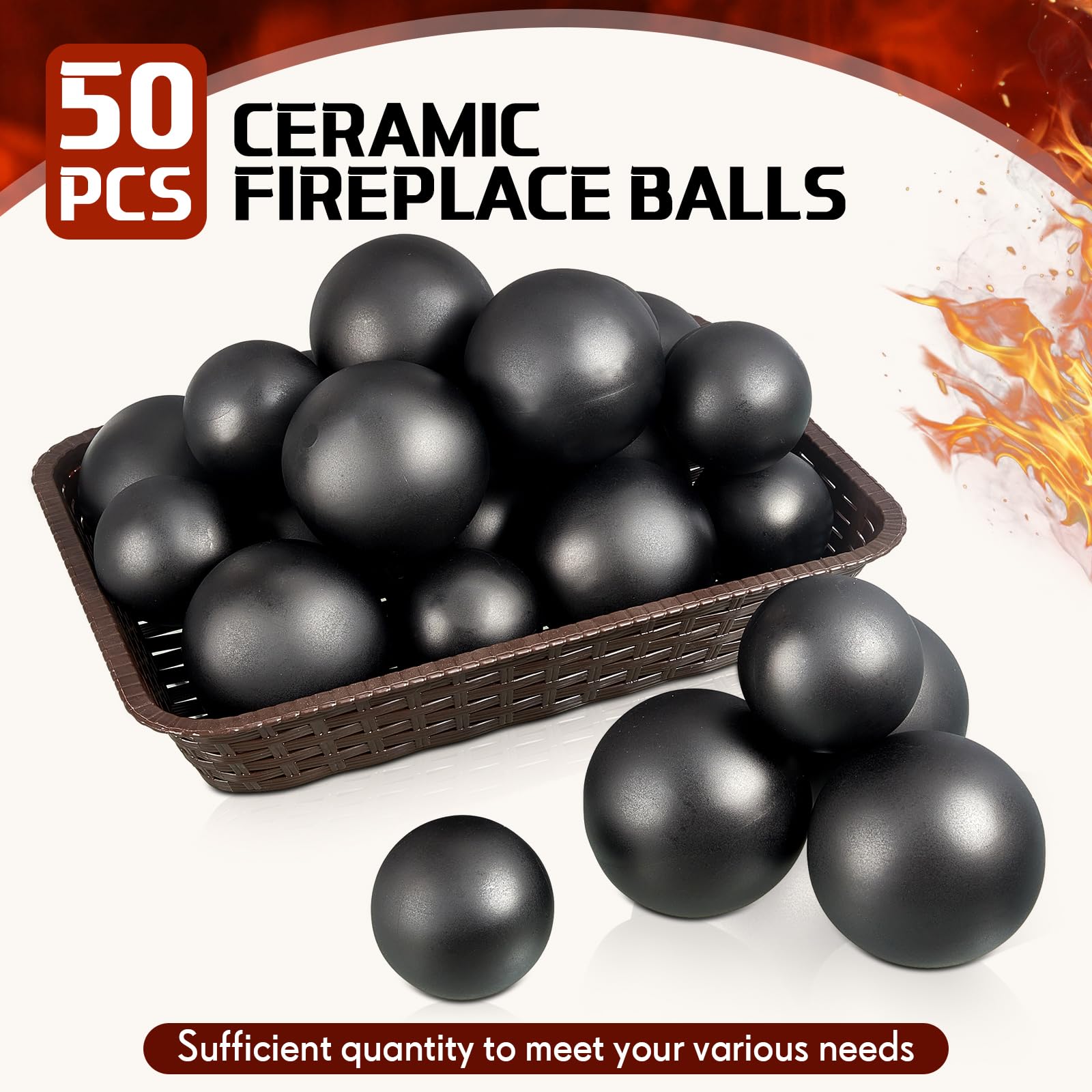 Suzile 50 Pcs Fire Ceramic Balls Bulk 3 Inch and 4 Inch Double Size Round Ceramic Fire Stones Rock Set for Indoor and Outdoor Fire Pit Fire Bowl Fireplaces Accessory, 2 Sizes, Black