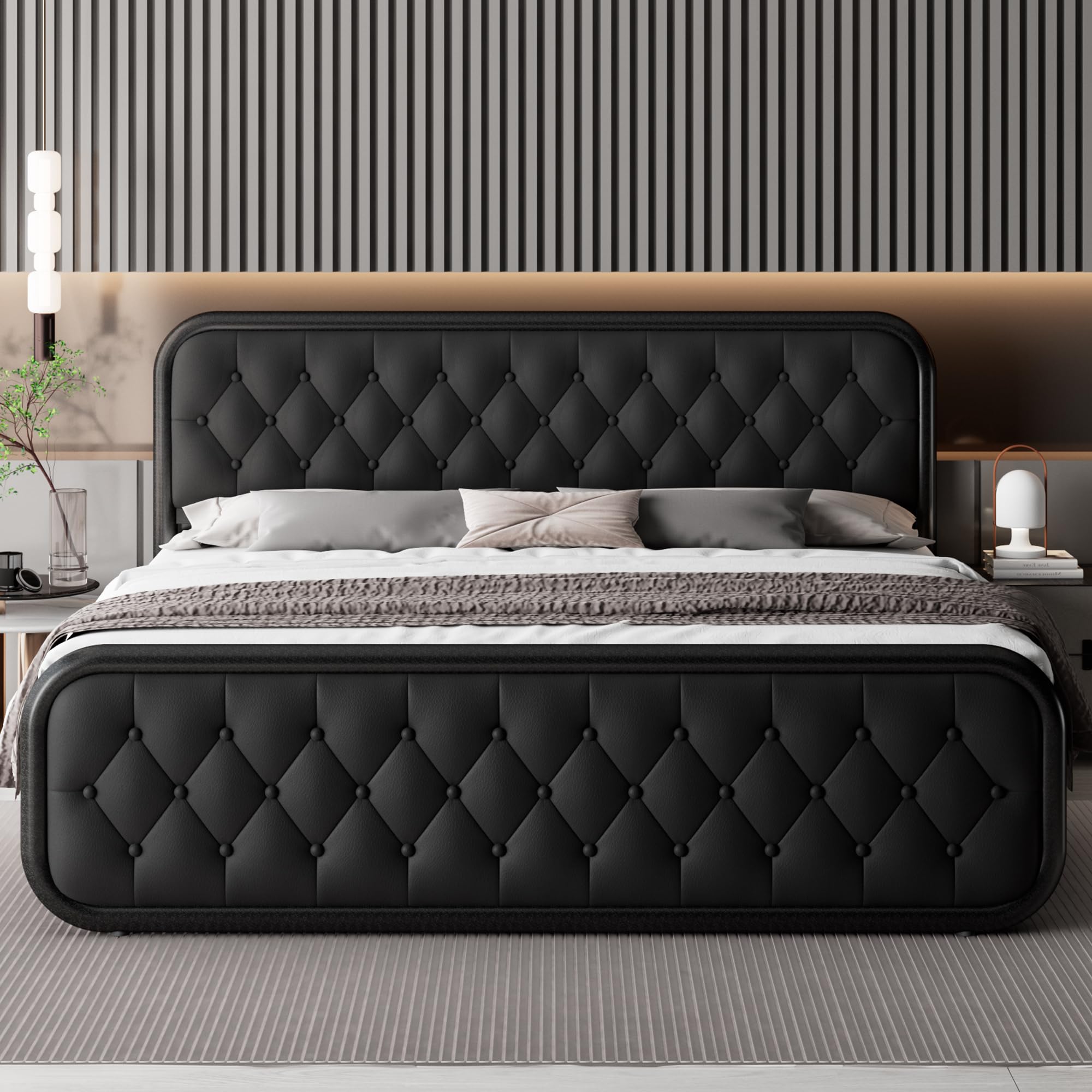 SUMELL King Size Bed Frame - Heavy Duty Bed Frame, Stylish Faux Leather Headboard, Noise-Free and Easy Assembly for The Perfect Night's Sleep (Black)