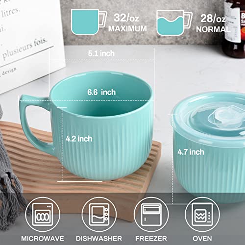 ZEBERBO Soup Bowls, 32 Ounce Soup Bowl with Handles, 2packs 5 inch Jumbo Soup Mug with Handle/Lid, Cereal Bowl for Oatmeal, Gumbo, Salad, Ceramic Soup Cup, Microwave & Oven Safe