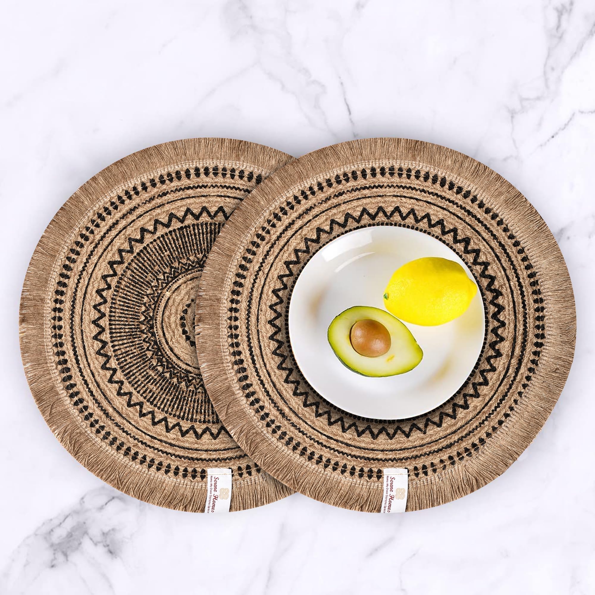 SereneHomes Black Mandala Print Natural Jute placemat Round 14-inch Table Placemats with Fringes - Set of 4, Boho Chic Dining Table Decor Heat-Resistant Dining Table Decor Surface Protector