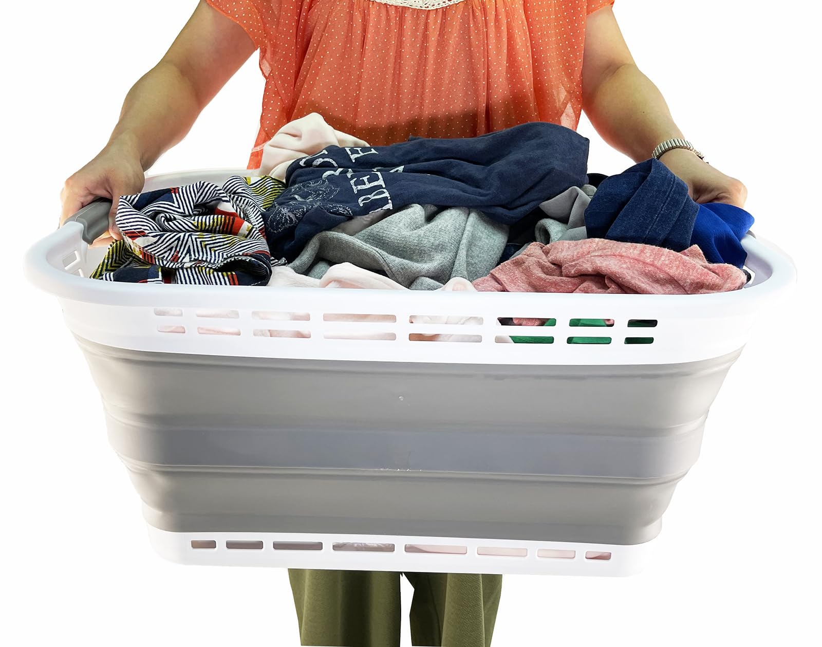 SAMMART 42L (11 gallons) Collapsible Plastic Laundry Hamper/Basket - Foldable Storage Container/Organizer - Portable Laundry Basket - Easy Storage Space Saving (White/Alloy Grey)