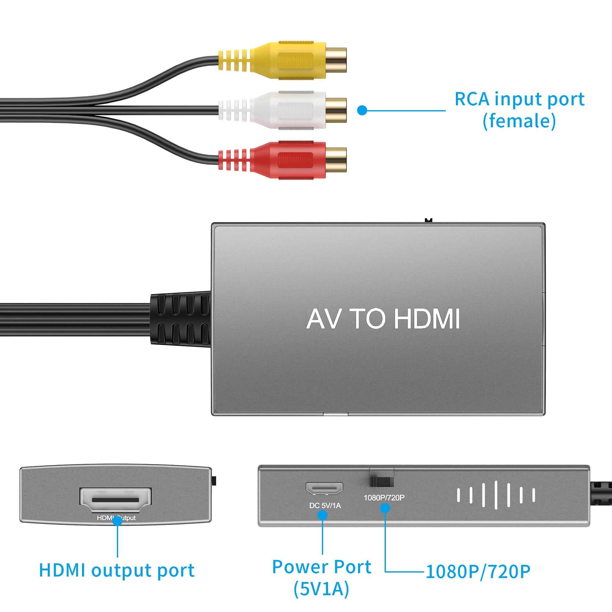 Tengchi RCA to HDMI Converter, Composite to HDMI Adapter Support 1080P PAL/NTSC Compatible with PS one, PS2, PS3, STB, Xbox, VHS, VCR, Blue-Ray DVD Players-Grey