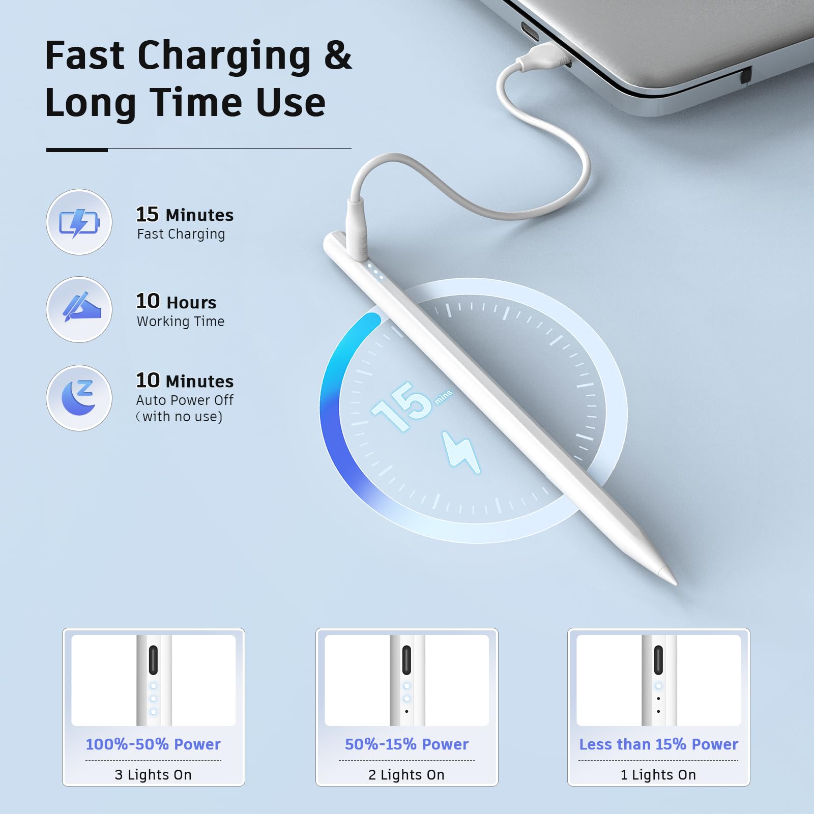 Stylus Pen for iPad 2018-2024, 15 mins Fast Charge Apple Pen iPad Pencil with Palm Rejection and Tilt Sensitivity, Compatible with iPad Pro 11/12.9/13in, iPad 6/7/8/9/10, iPad Air 3/4/5, iPad Mini 5/6