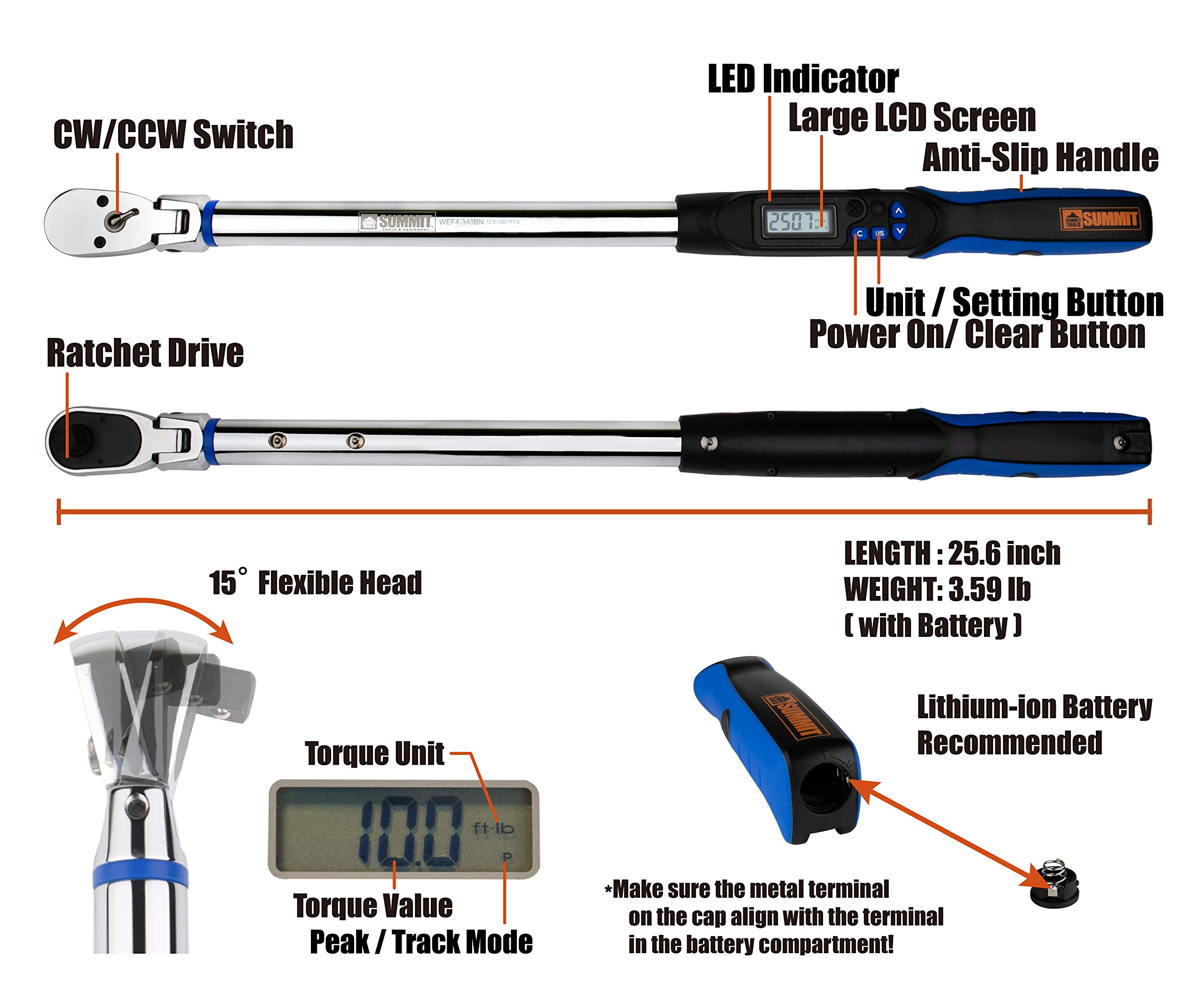 Summit Tools 1/2 inch UltraPrecision Flex-Head Digital Torque Wrench, 12.5-250.7 ft-lbs Range Accurate to ±2%, Buzzer and LED, LCD Display, Calibrated (WEF4-340BN)