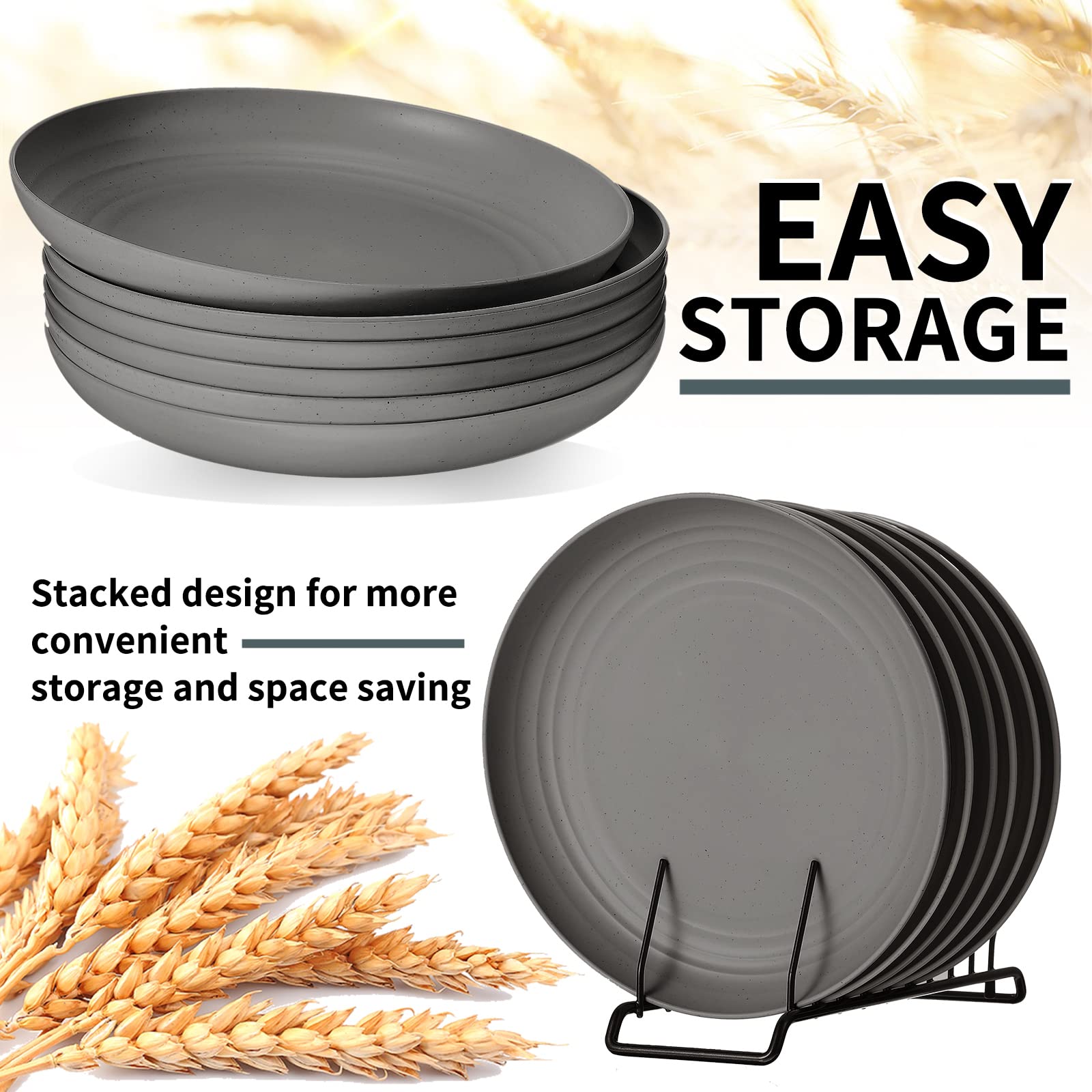 Zopeal 15 Pcs 10 Inch Wheat Straw Plates Lightweight Unbreakable Deep Dinner Plates Reusable Plastic Plates Microwave Safe Dinnerware for Kids Children Toddler Adult (Gray)