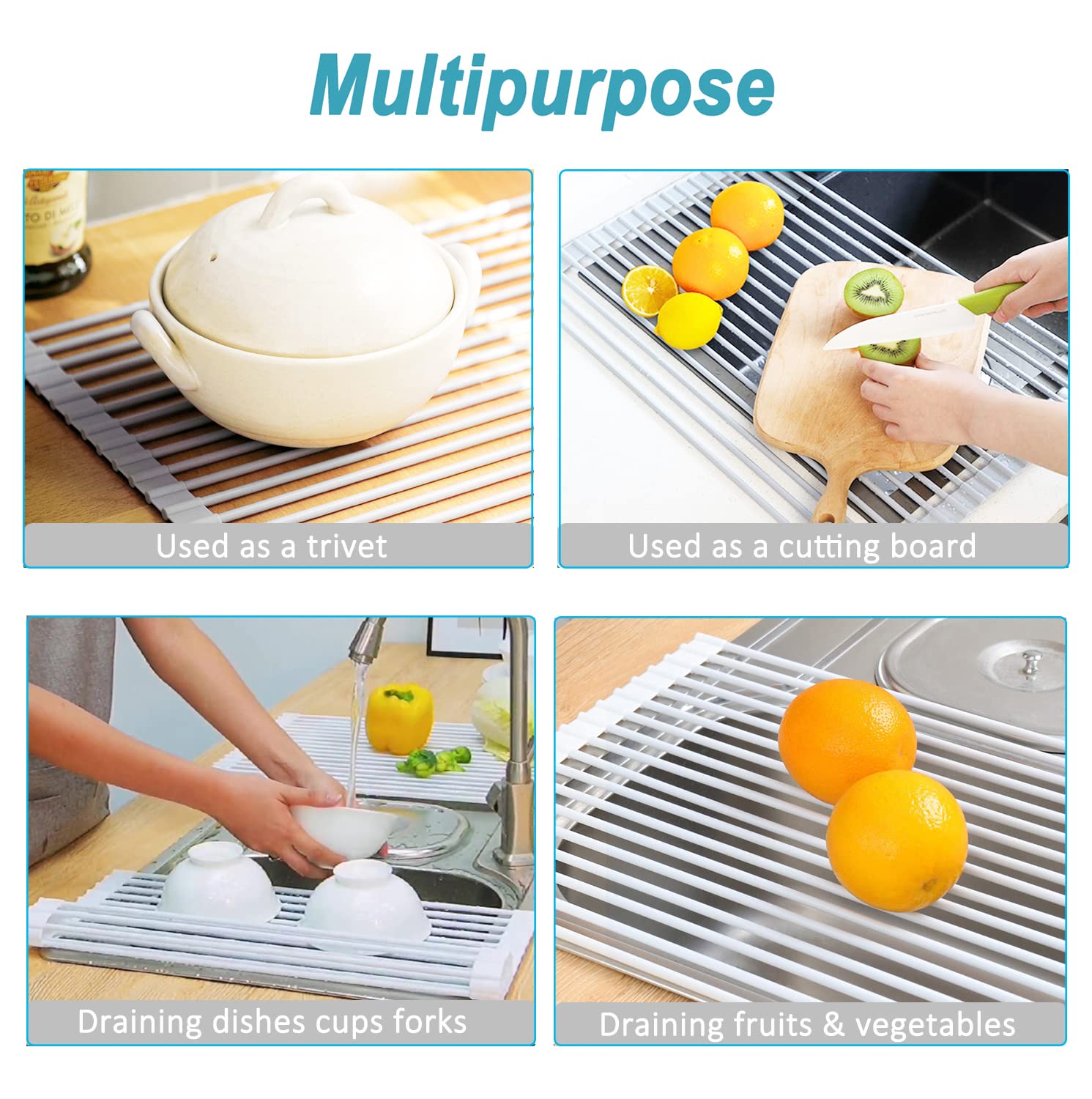 ZOIMINU White Roll Up Dish Rack, Over Sink Dish Drying Rack, Heat-Resistant Anti-Slip Stainless Steel Dish Drainer with Silicone-Coated for Cups Fruits Vegetables - 20.5" x 13.1"