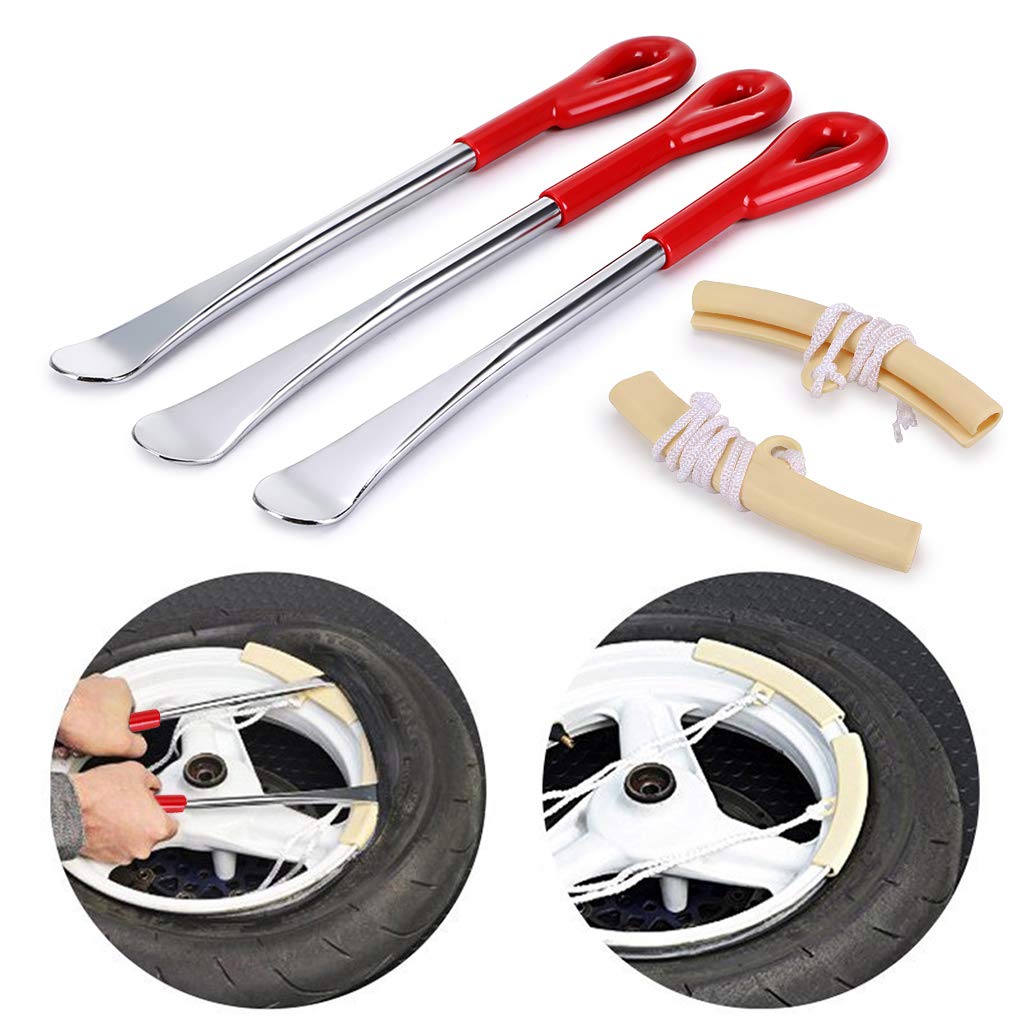 Sumnacon Tire Levers Spoon Set, Durable Heavy Duty Motorcycle Bike Car Tire Irons Tool Kit with Hanging Hole,3 Pcs Tire Changing Spoon + 2 Pcs Rim Protector,Red