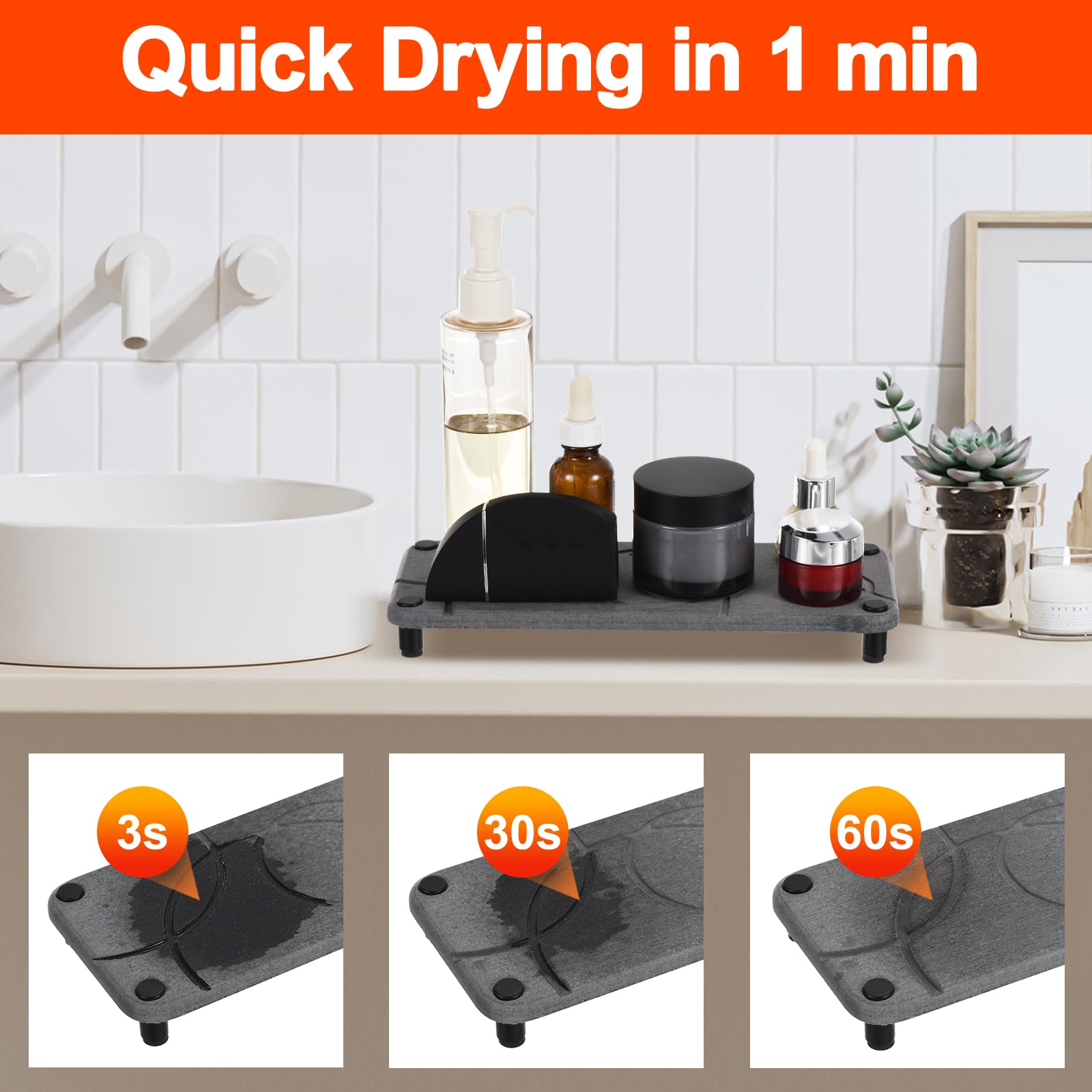 uxcell 2pcs Instant Dry Sink Organizer, Fast Drying Stone Sink Tray, Water Absorbing Stone Tray with Stainless Steel Feet for Bathroom Organization Grey