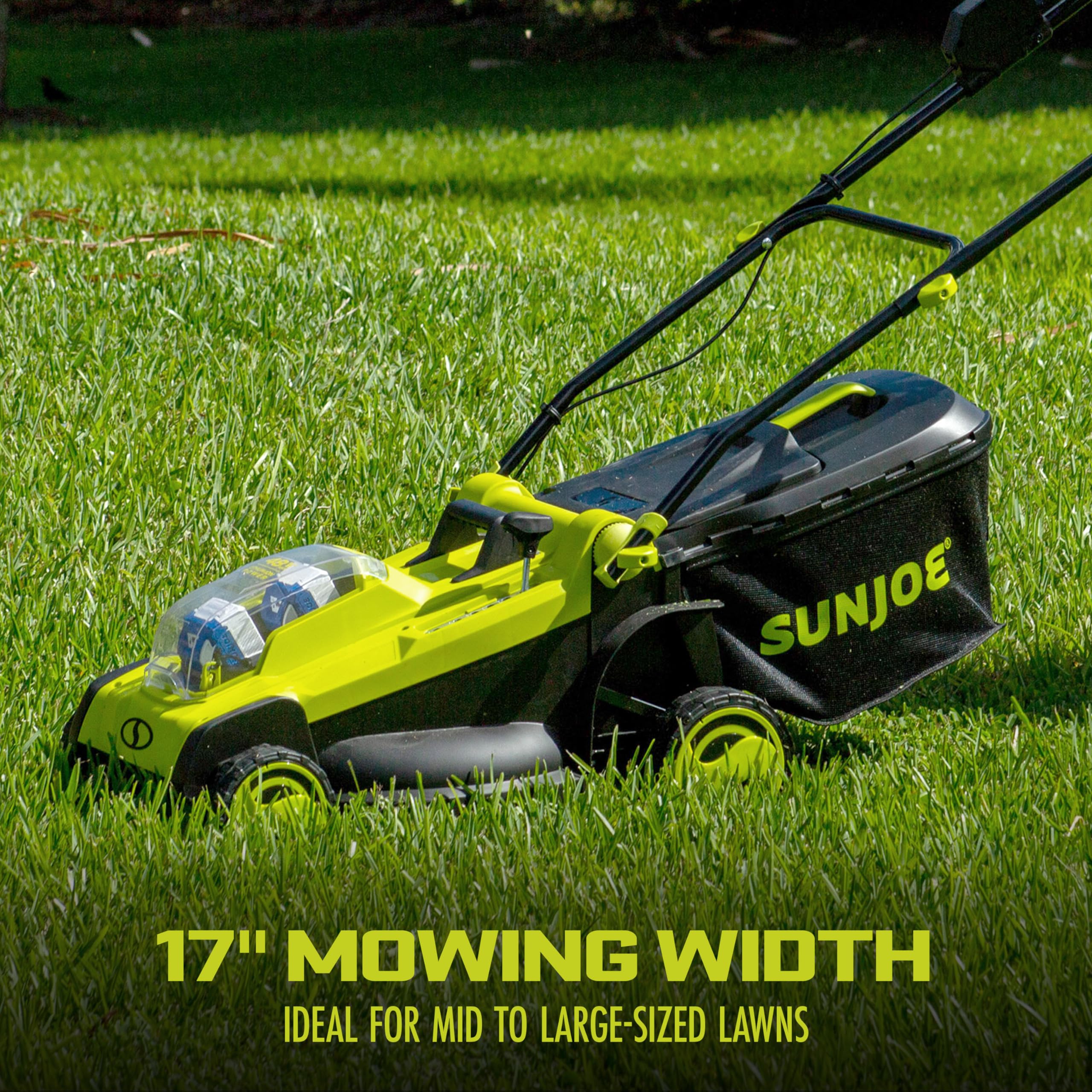 Sun Joe 24V-X2-17LM 48-Volt 17-Inch Mulching Walk-Behind Lawn Mower w/11-Gallon Grass Catcher & 6-Position Height Adjustment, Included, Cordless, Kit (w/ 2x 4.0-Ah Battery and Charger)