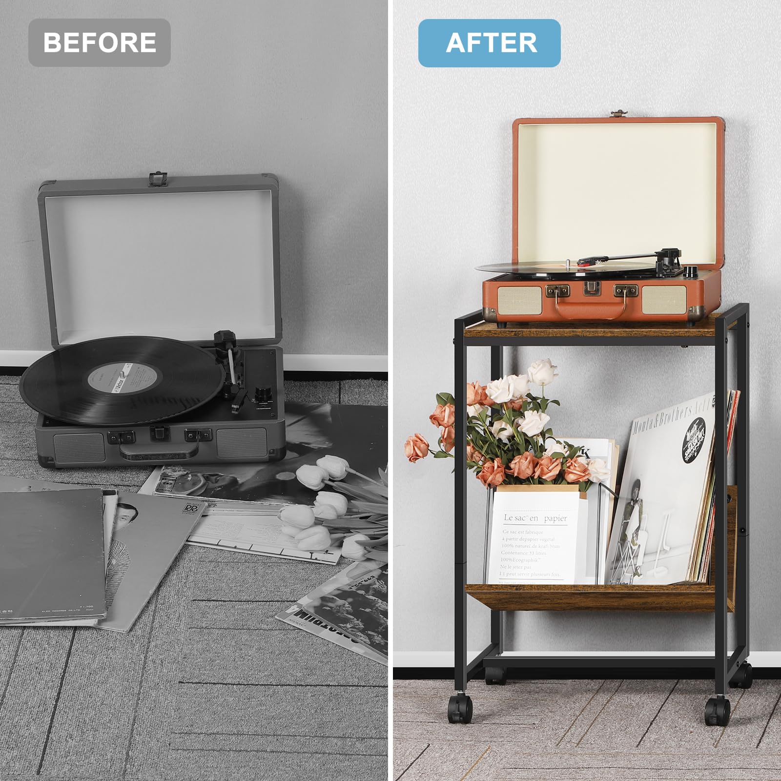 smusei Record Player Stand Industrial Record Player Table with Album Storage Shelf, Turntable Stand with Wheels Vinyl Record Holder Cabinet for Living Room Office, Rustic Brown