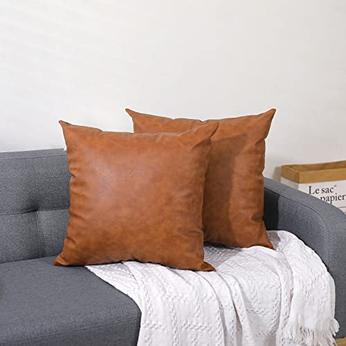 Set of 2 Faux Leather Throw Pillow Covers, Modern Brown Outdoor Cushion Covers Decorative Pillowcases for Couch Bed Sofa (18 x 18 Inches)