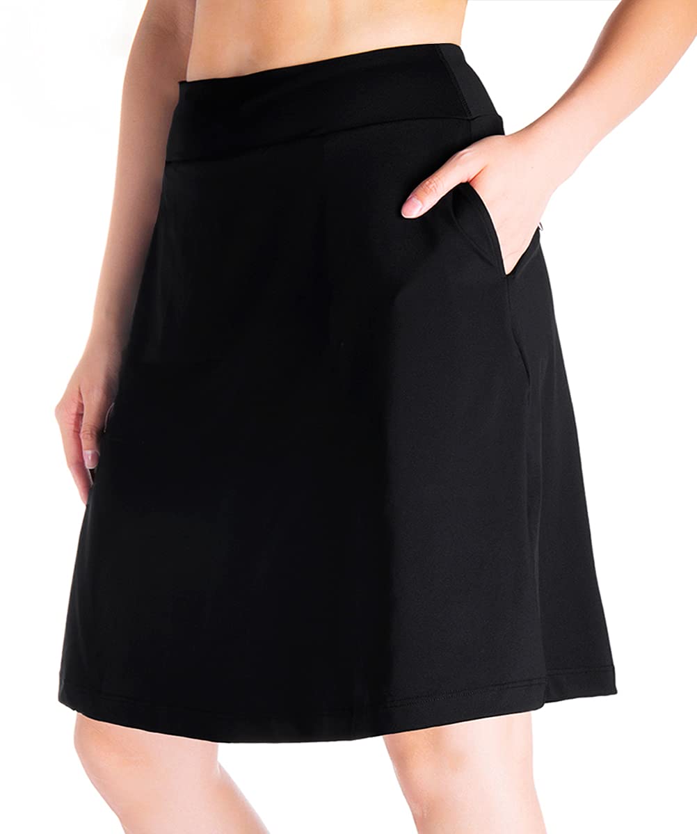 Yogipace Women's 4 Pockets UV Protection 20" Modest Knee Length Skirt Athletic Running Golf Tennis Skort Zippered Pockets, Black, Size L