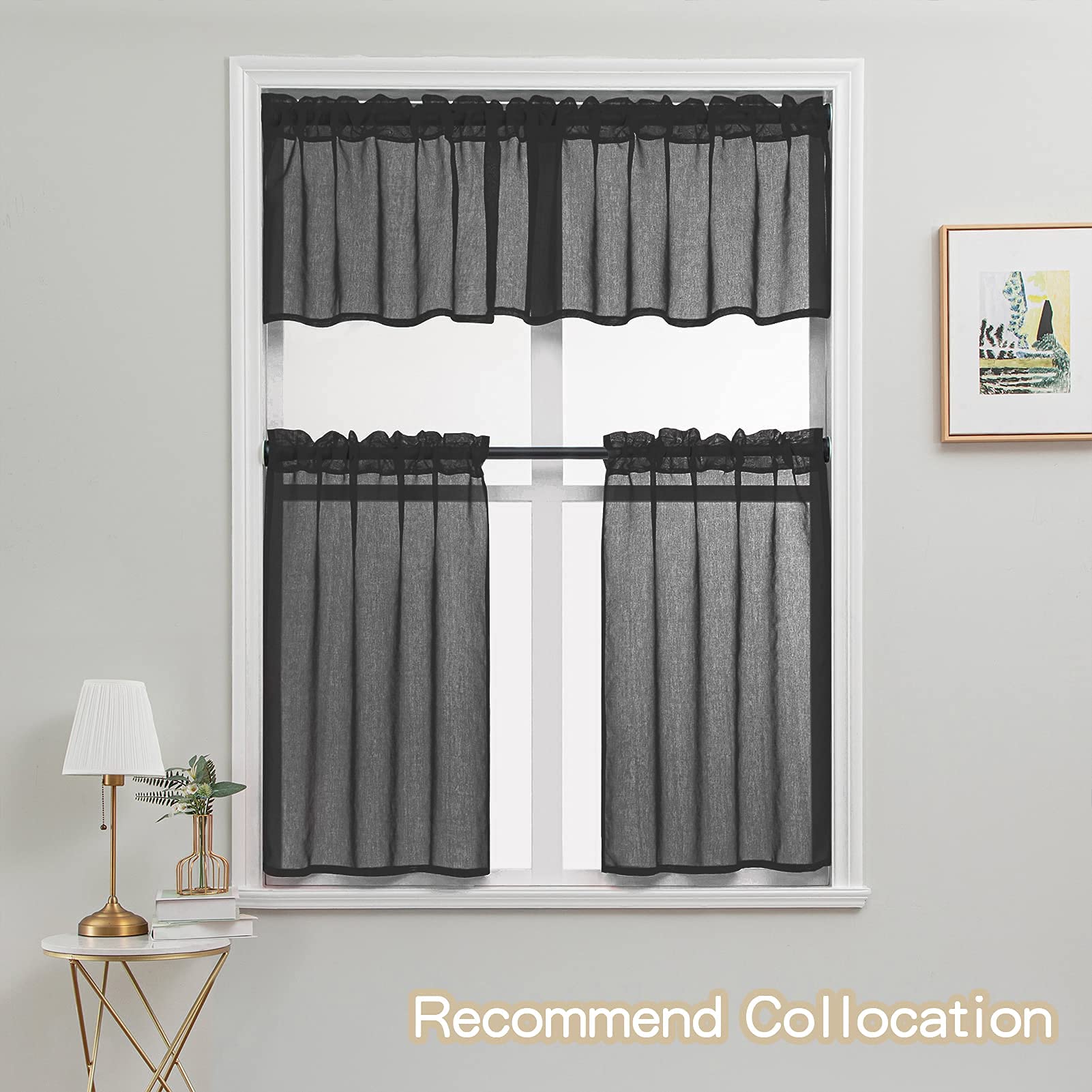 YOKISTG Sheer Kitchen Curtains 36 Inch Length Solid Rod Pocket Tier Curtains for Cafe Bathroom Basement Small Window, Black, 2 Panels