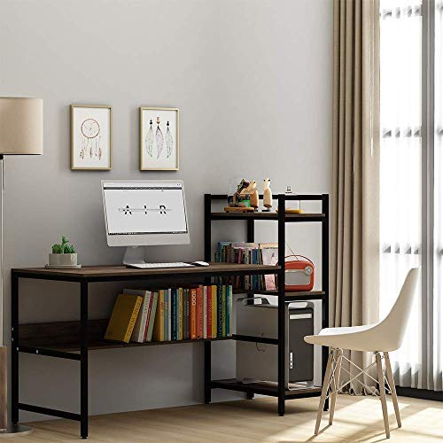 Yoleo Computer Desk with 4 Tier Storage Shelves - 53.54'' Student Study Table with Bookshelf Modern Wood Desk with Steel Frame for Small Spaces Home Office Workstation (Walnut)