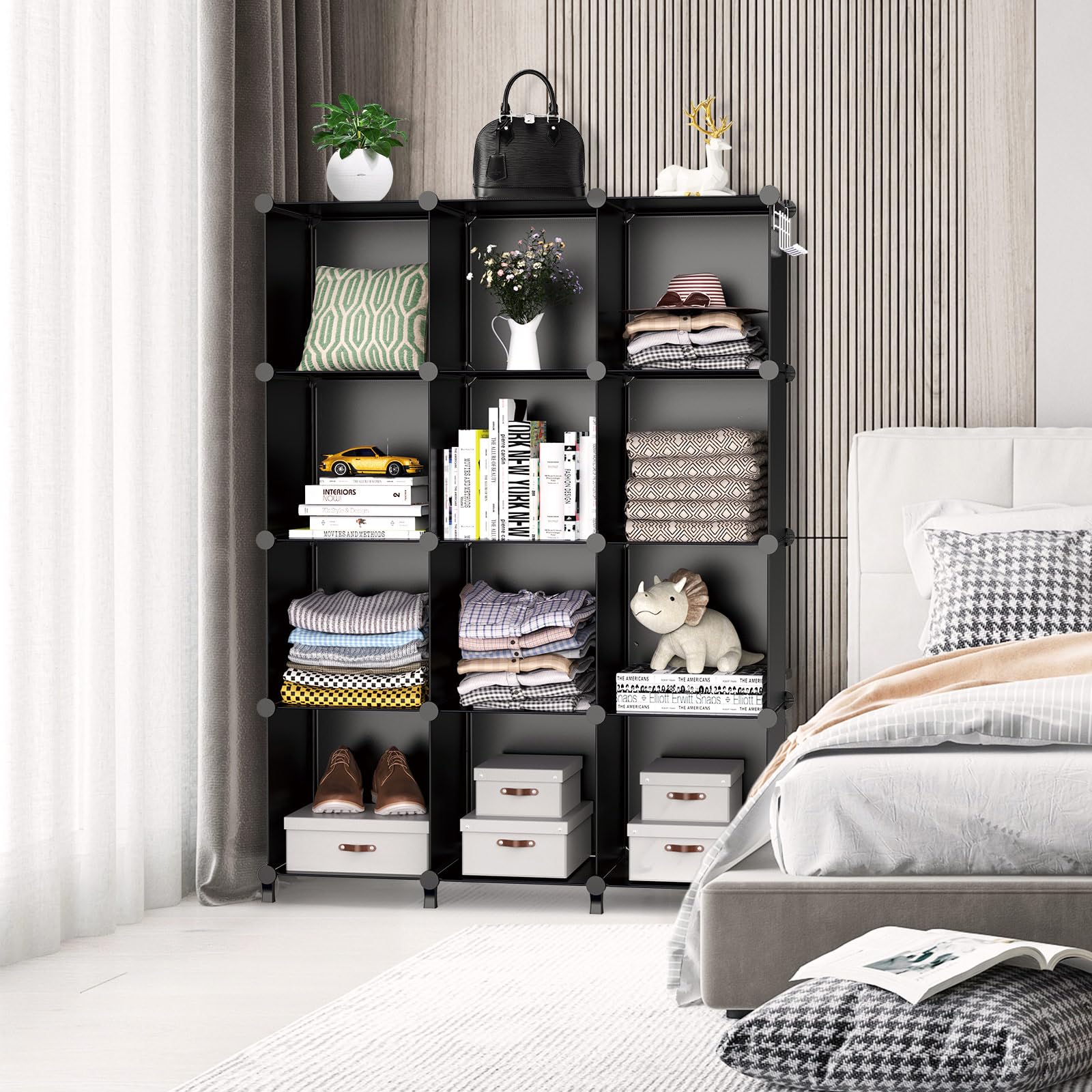VTRIN Cube Storage Organizer, Large Capacity 12 Cube Storage Shelf Bookshelf DIY Stackable Plastic Cubby Shelving Cube Organizers for Closet, Bedroom, Living Room, Home Office, Black