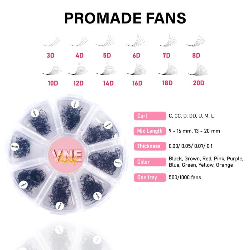 VNE Eyelashes 500 Fans Tray Volume Lash Extensions Mixed length | Premade Fans Eyelash Extensions | Mega Lash Extension | Promades Eyelash Fans | 3D, CC Curl, 9-16mm,