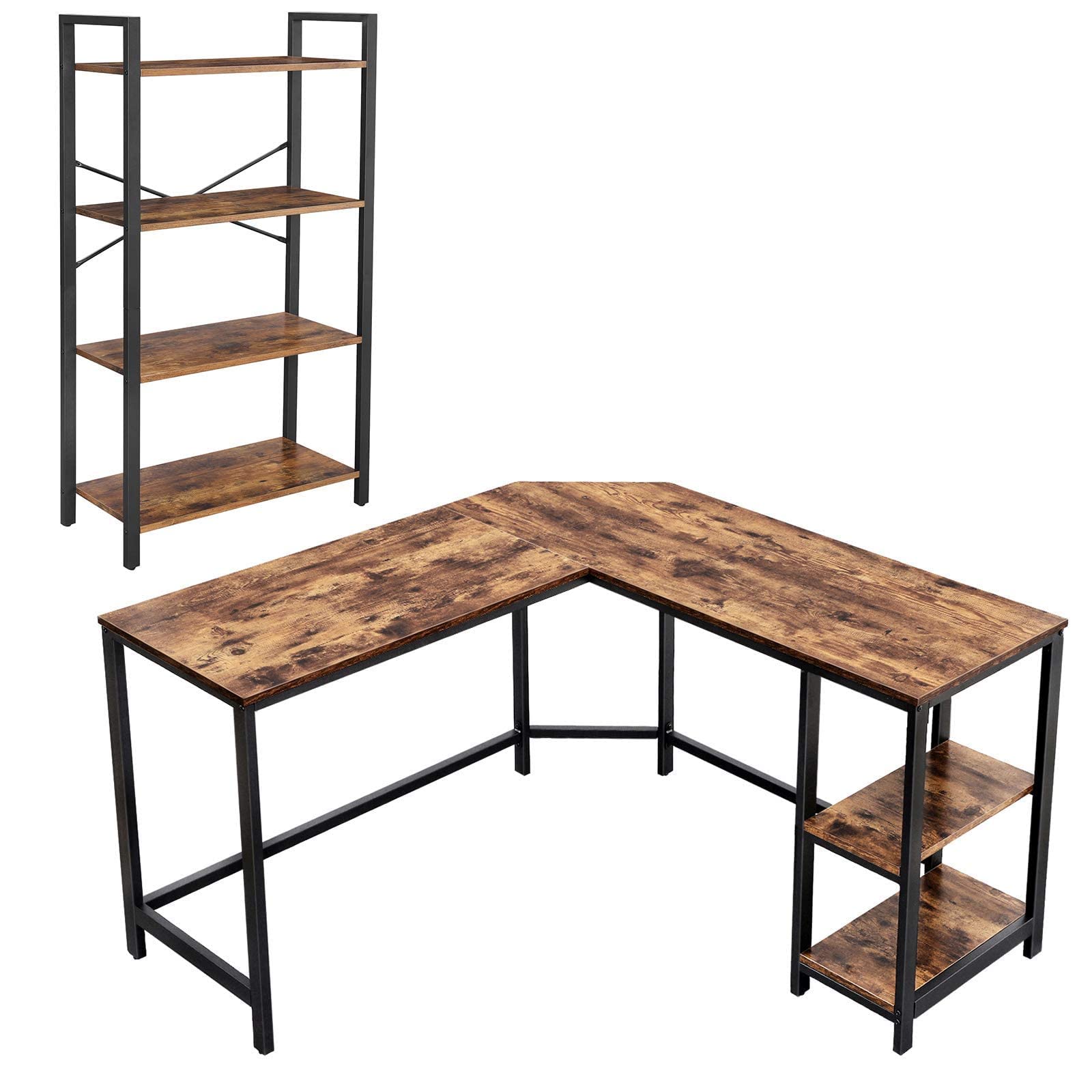 VASAGLE Computer Desk and Bookshelf Bundle, L-Shaped Computer Desk and 4-Tier Bookcase with Steel Frame, for Home Office, Industrial, Rustic Brown and Black ULWD72X and ULLS60BX
