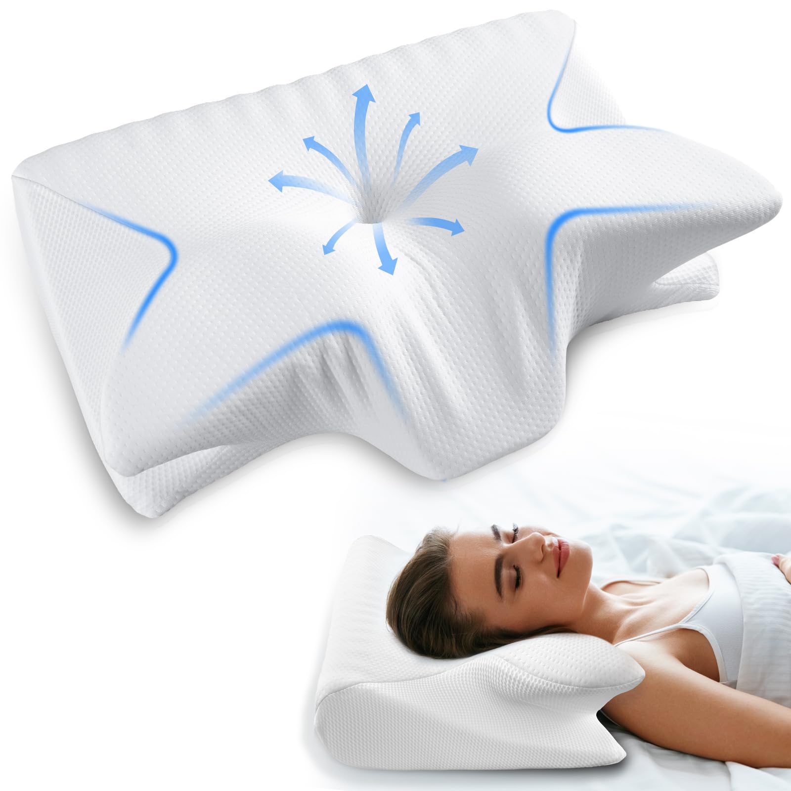 Vuteehy Cervical Neck Pillow for Pain Relief Sleeping, Ergonomic Memory Foam Pillow for Neck and Shoulder Pain, Orthopedic Contour Support Pillows for Side Back & Stomach Sleepers(2023), White