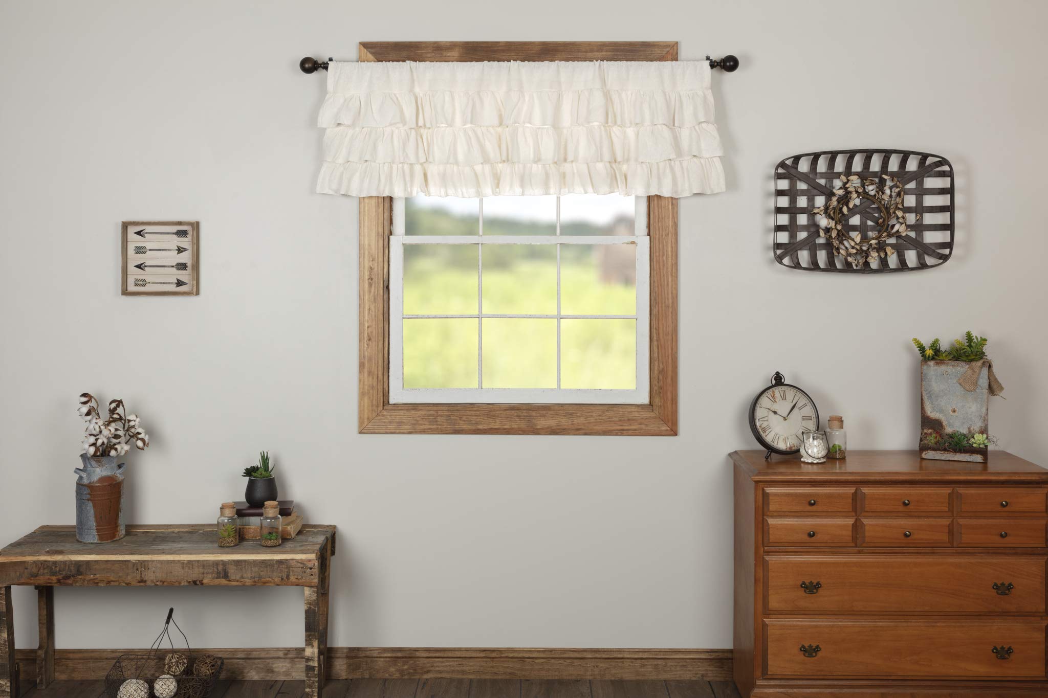 VHC Brands Country Kitchen Curtains Rod Pocket Farmhouse Burlap Antique White Ruffled Valance 16" x 60"