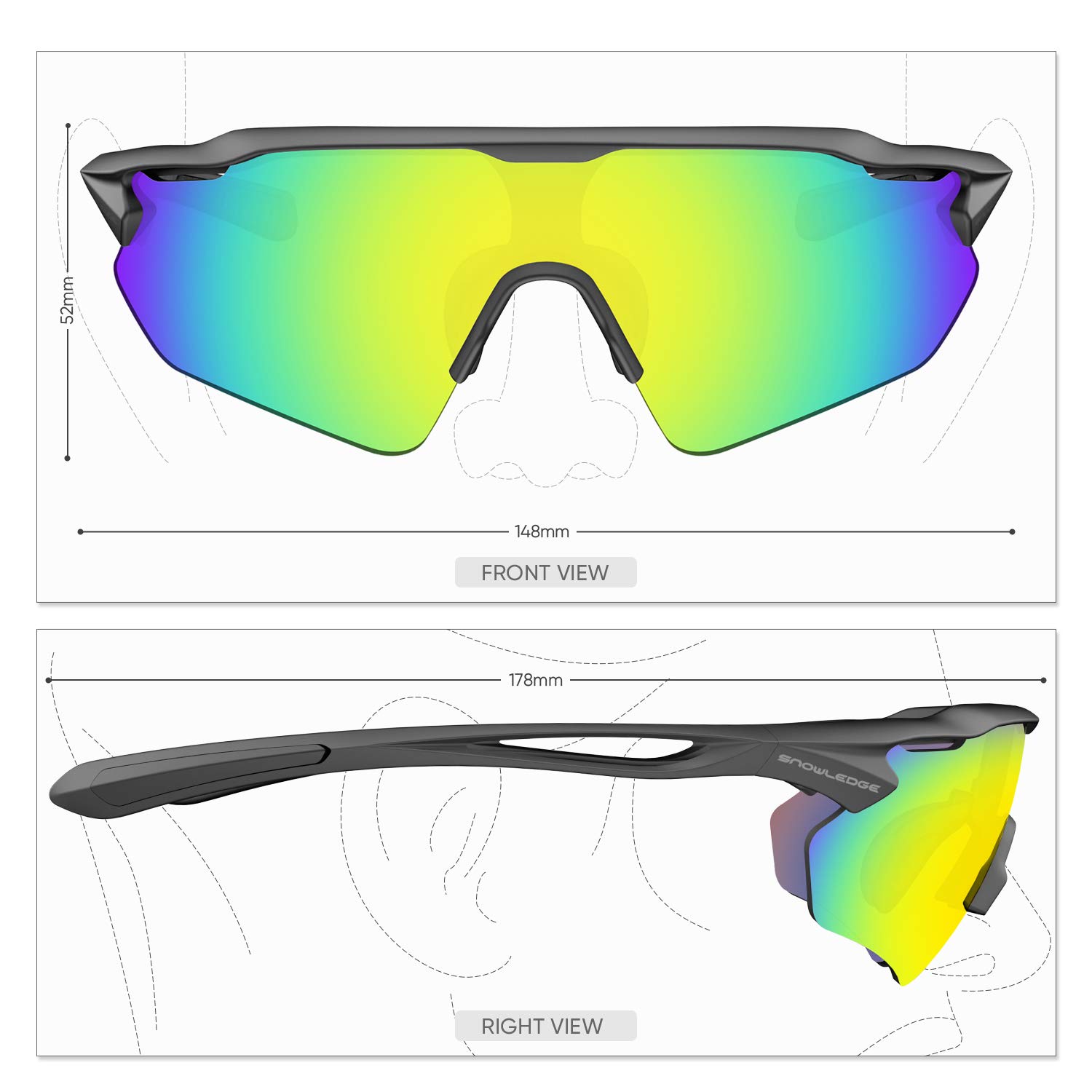 Snowledge Cycling Glasses with 5 Interchangeable Lenses, Mens Womens Polarized Sports Sunglasses, Running Baseball Cricket Sunglasses