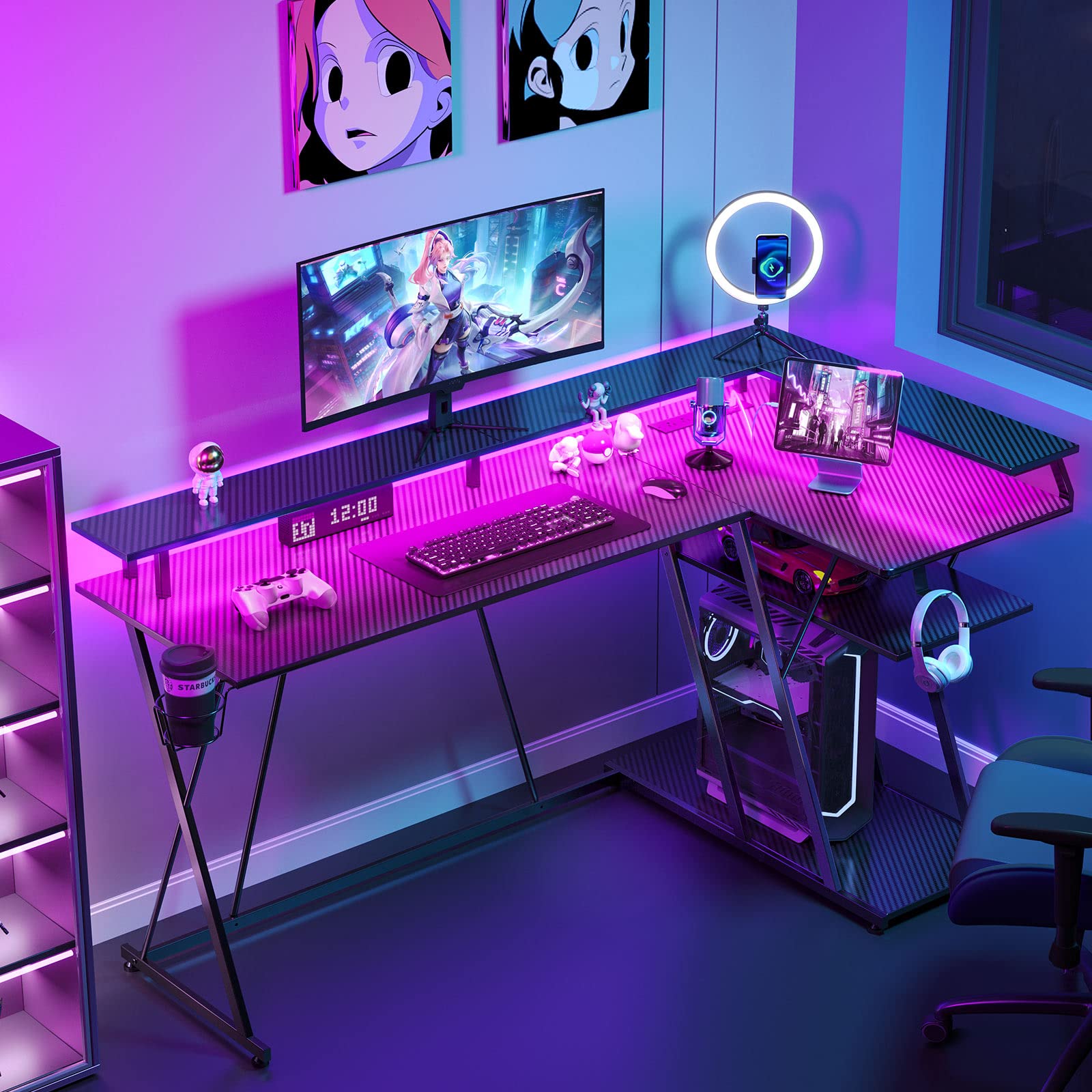 SEVEN WARRIOR L Shaped Gaming Desk with LED Lights & Power Outlets, 63” Reversible Corner Desk with Storage Shelf, Computer Desk with Monitor Stand, Gaming Table with Cup Holder, with Hooks, Black