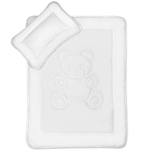 ZPECC Toddler Comforter Blanket - 39" x 53" Down Alternative Crib Duvet Set, Includes Baby Quilt, Flat Pillow, Bear Stitching