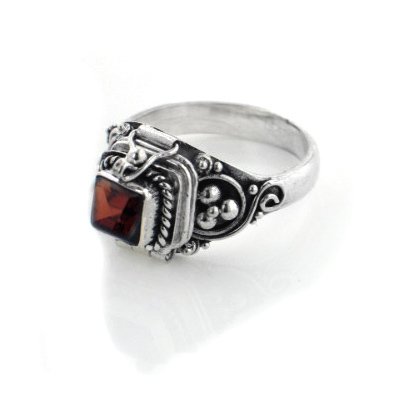 Sterling Silver Square Garnet Poison Locket Box Ring Size 8(Sizes 4,5,6,7,8,9,10,11)