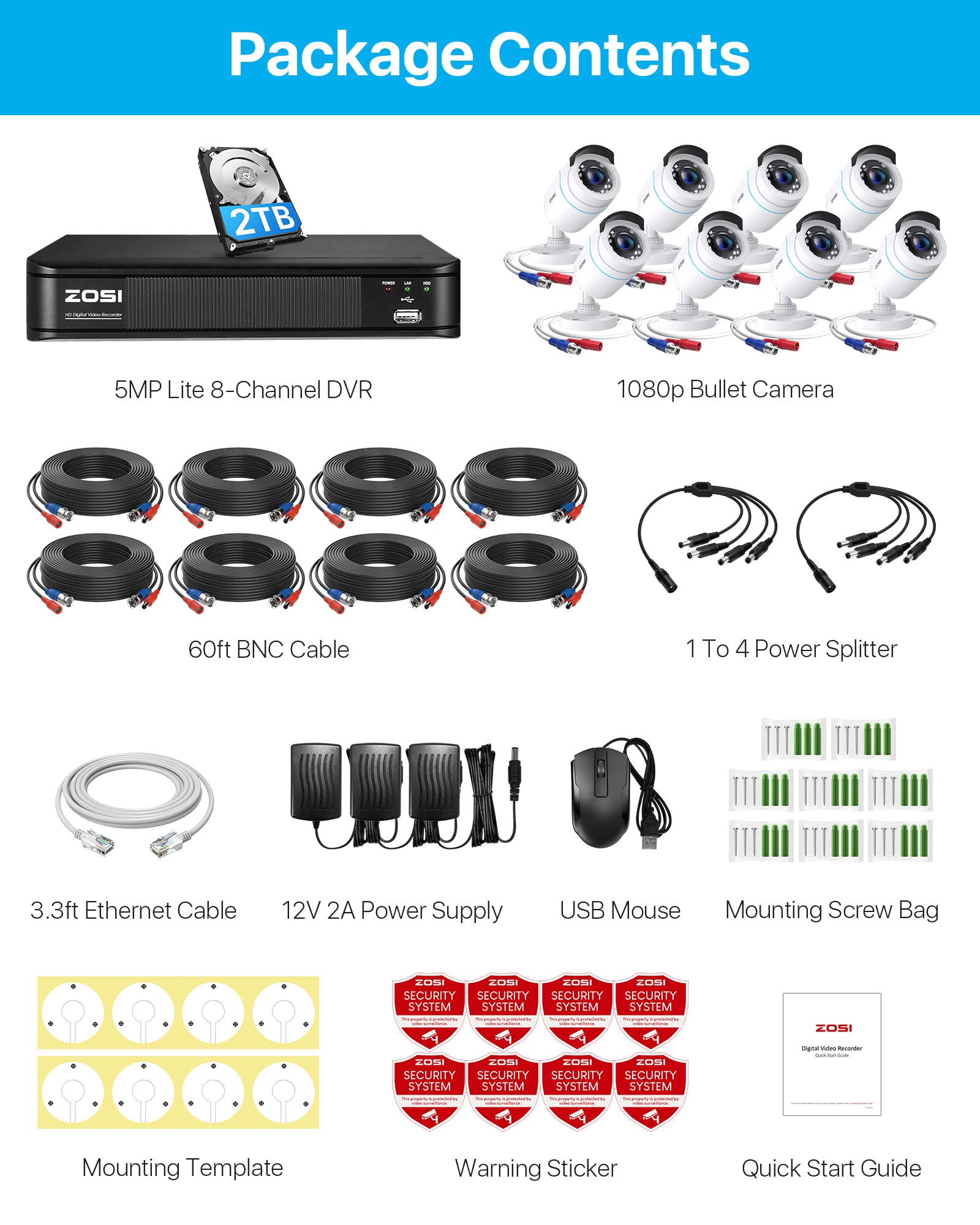 ZOSI 1080P H.265+ Home Security Camera System with AI Human Vehicle Detection, 5MP 3K Lite 8 Channel CCTV DVR Recorder with 2TB Hard Drive and 8 x 1080p Surveillance Bullet Camera Outdoor Indoor