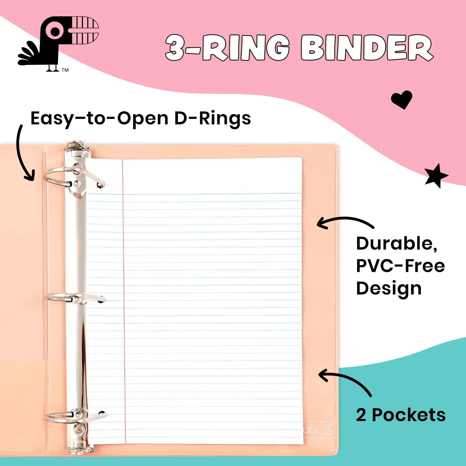 Yoobi 2 Inch Binder Set – 3-Ring Binders with 2 Pockets – Perfect for School or Office – Holds up to 500 Sheets – 4 Pack – Solid Multicolor Variety