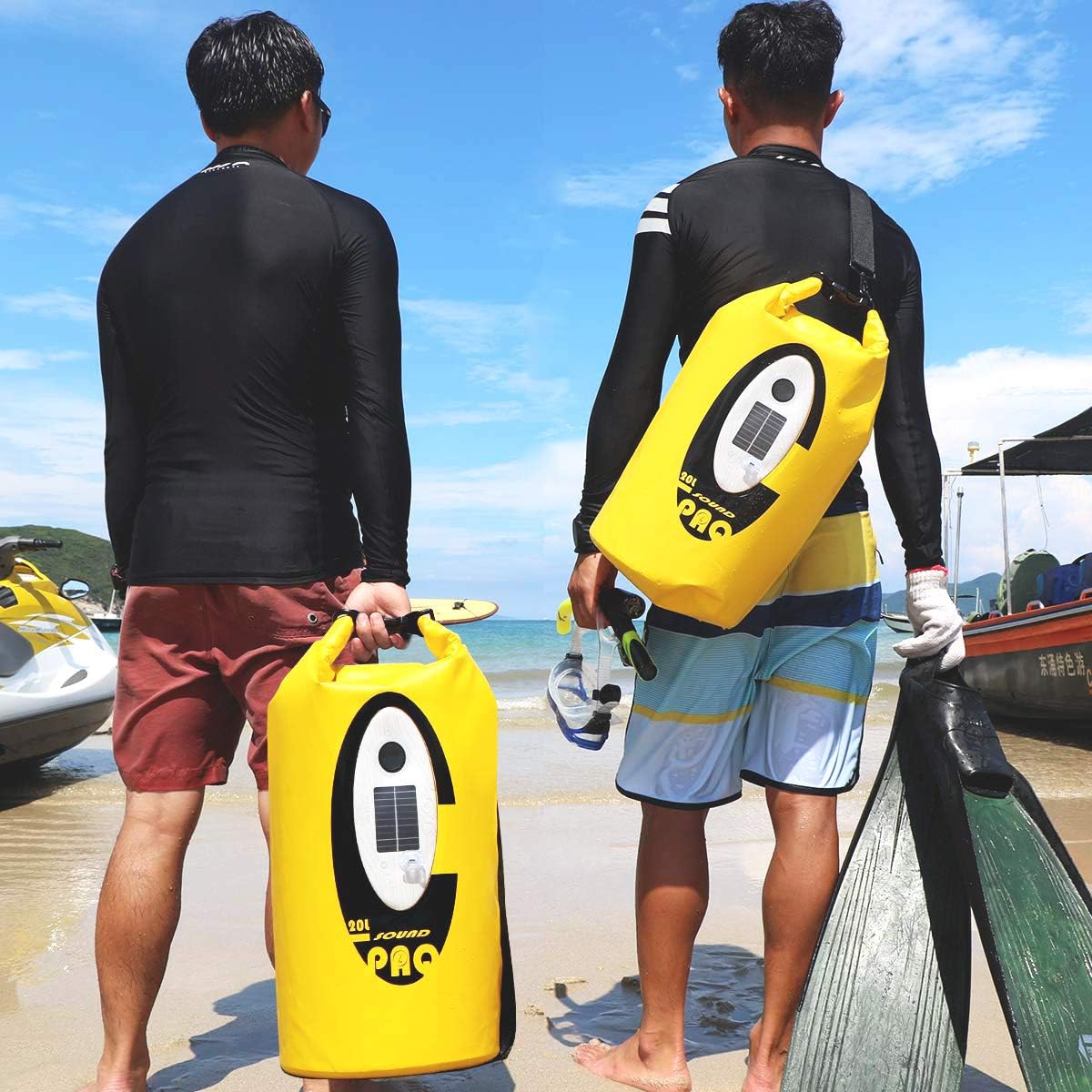 ztarx Waterproof Dry Bag Speaker, Dry Bag Backpack with Bluetooth Speaker Solar Powered and USB Powered 20L Roll Top Dry Sack Keeps Gear Dry for Kayaking, Rafting, Boating,Camping (Yellow-2.1)