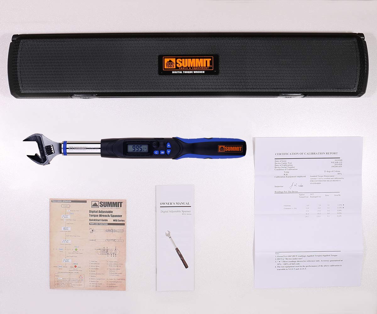 Summit Tools Adjustable Digital Torque Wrench, 5 to 99.5 ft-lb. Torque Range, 5-26 mm Adjustable Jaw, Set Target Torque, Buzzer and LED Indicators, Large LCD Display, Calibrated (WEA08-135CN)