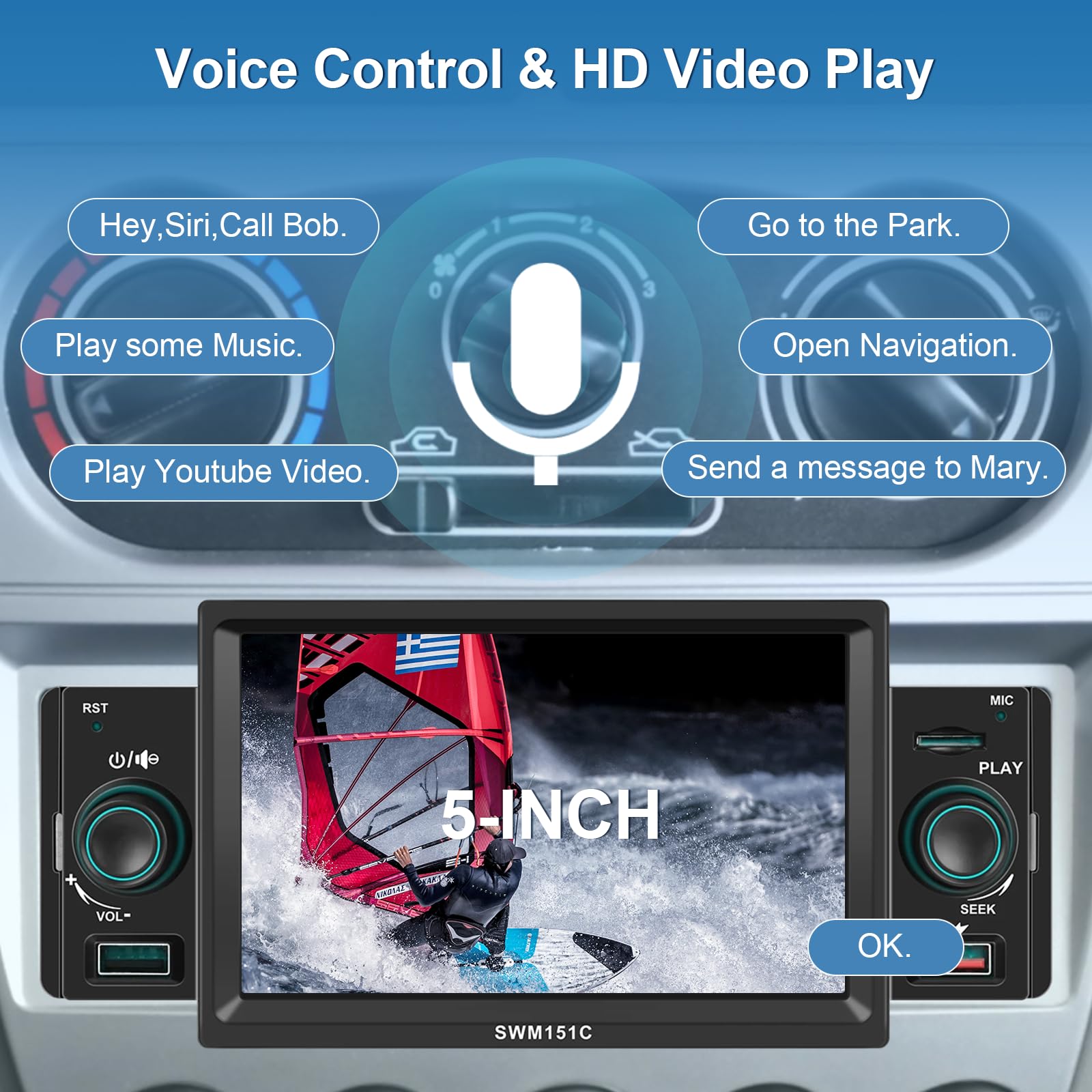 Single Din Car Stereo with Carplay Android Auto, 5 Inch Touch Screen Car Radio with Bluetooth 5.1 FM Radio Mirror Link Voice Control USB Fast Charging SWC TF Dual Mic + 12LED Backup Camera