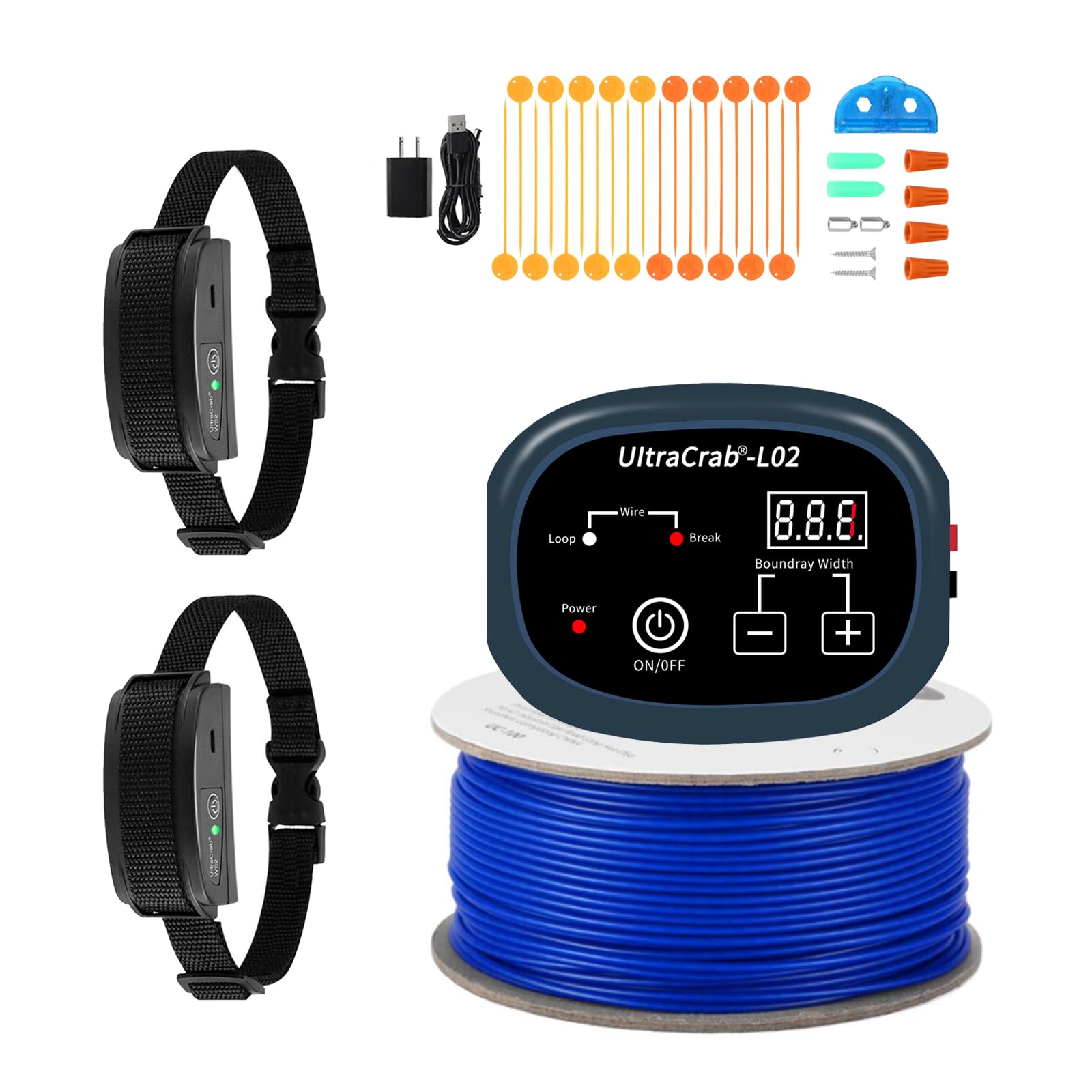 UltraCrab 2 Collars Basic In-Ground Pet Fence - Two Dog System - Underground Electric Pet Fence System with 2 Waterproof and Rechargeable Training Collars - Wireless Electric Fence for Dogs