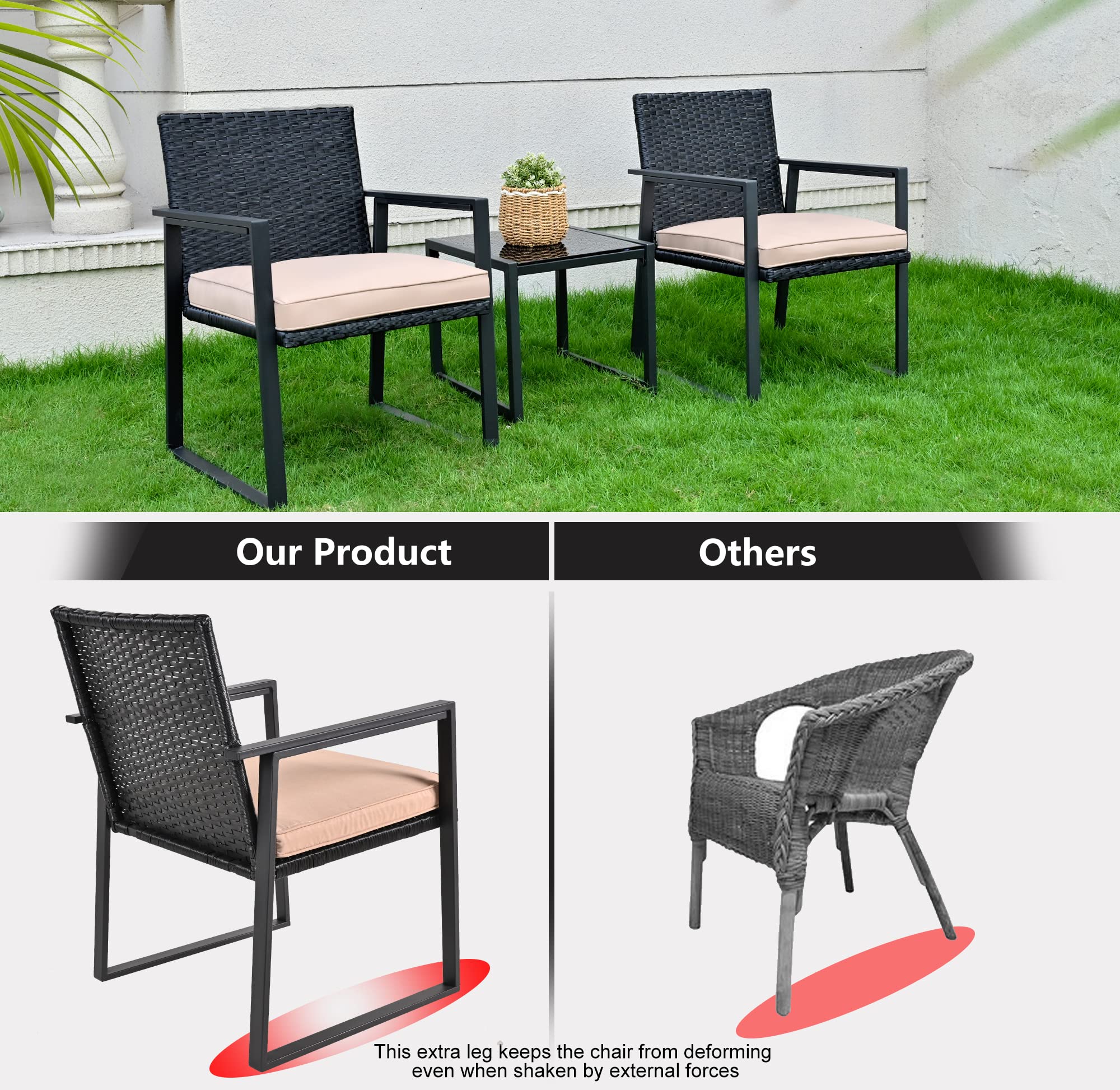 SUNLEI Outdoor 3-Piece Bistro Set Black Wicker Furniture-Two Chairs with Glass Coffee Table(Khaki)