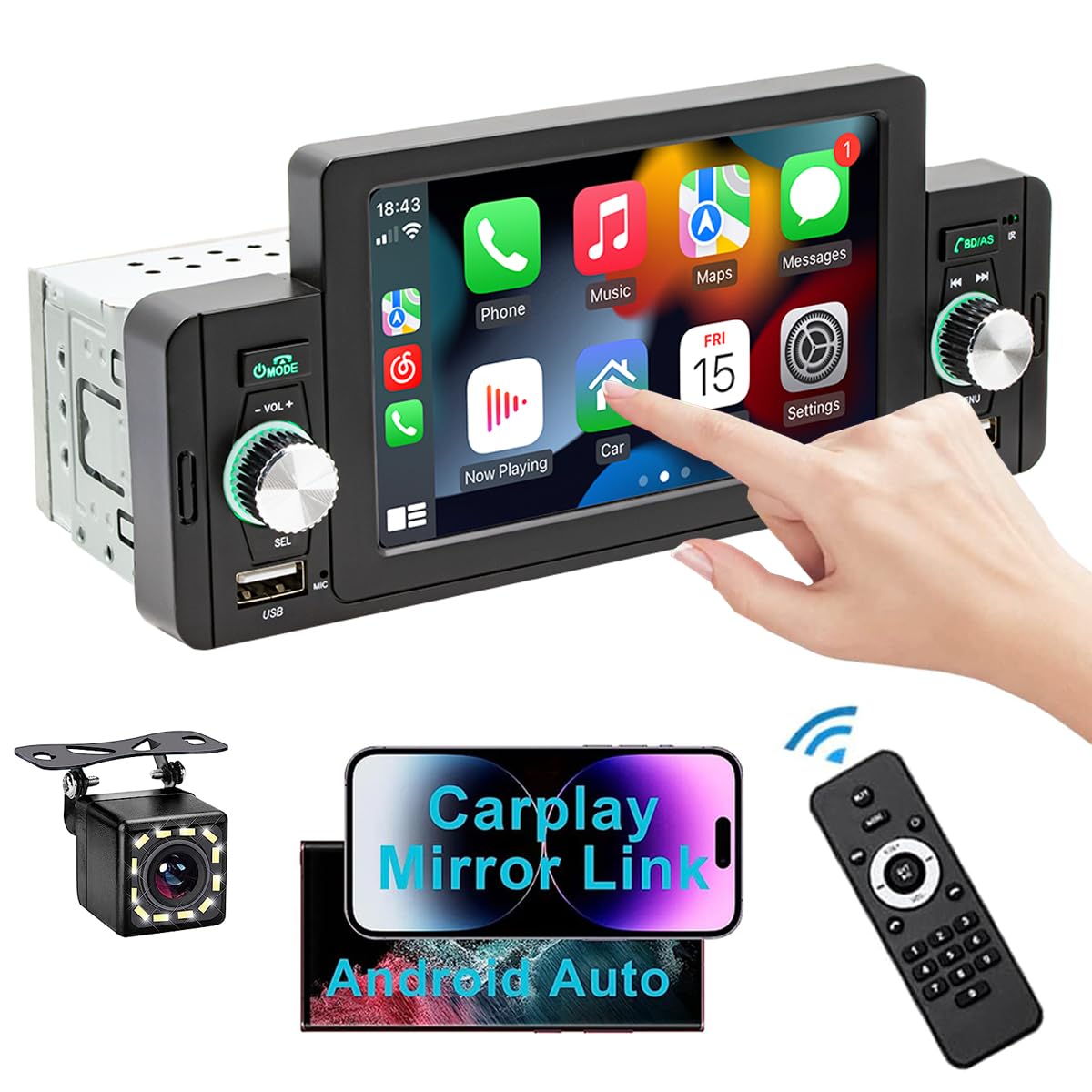 Single Din Car Stereo 5 Inch,for Apple Carplay & Android Auto Touchscreen Car Radio, with Mirror-Link,BT,FM,12 LED Backup Camera,USB Input Car Audio Video Playe