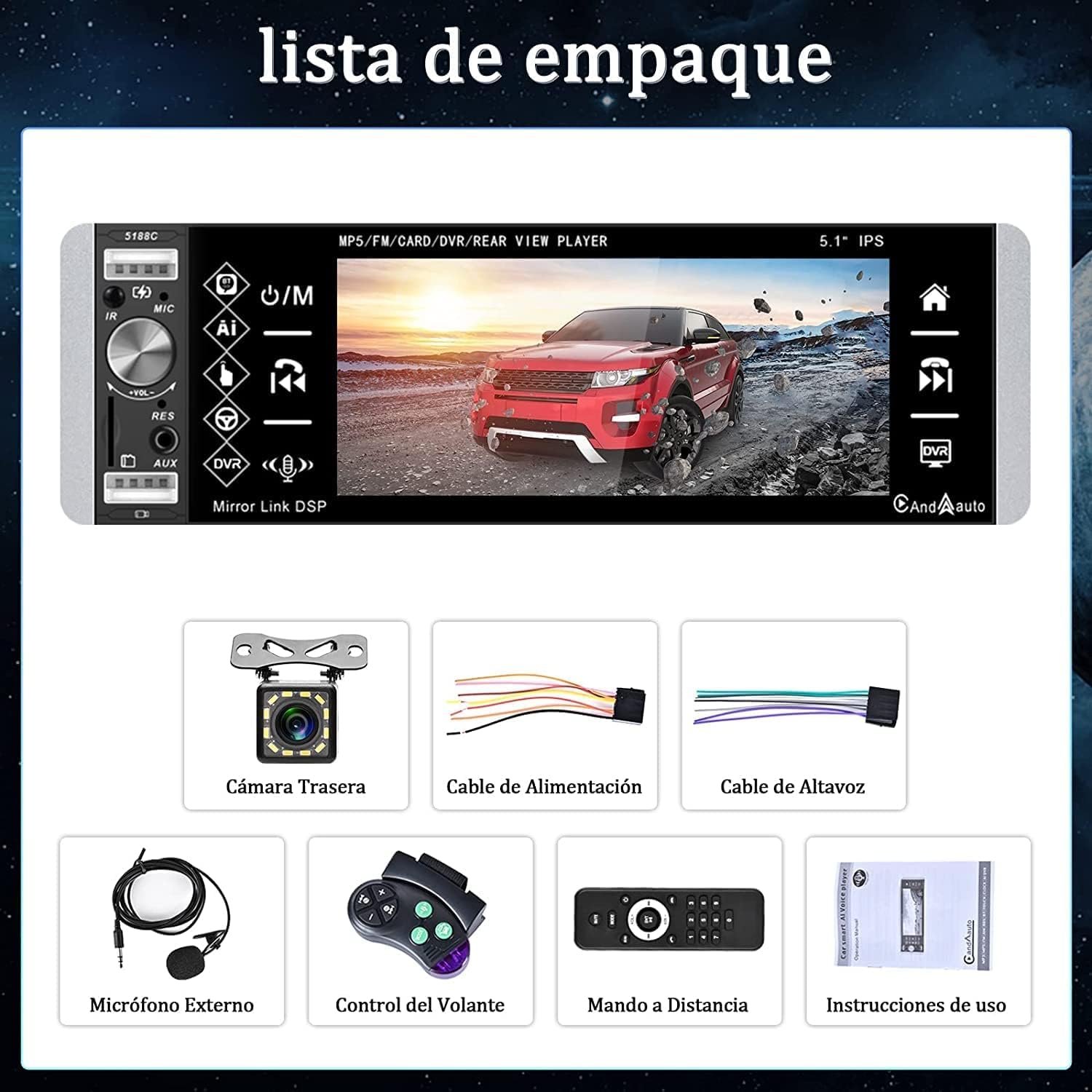Single Din Car Stereo with Apple Carplay Android Auto, 5.1 Inch Touch Screen MP5 Player with Bluetooth Handsfree/FM/3 USB/TF/AUX-in/Fast Charging + Rear View Camera&Remote Control