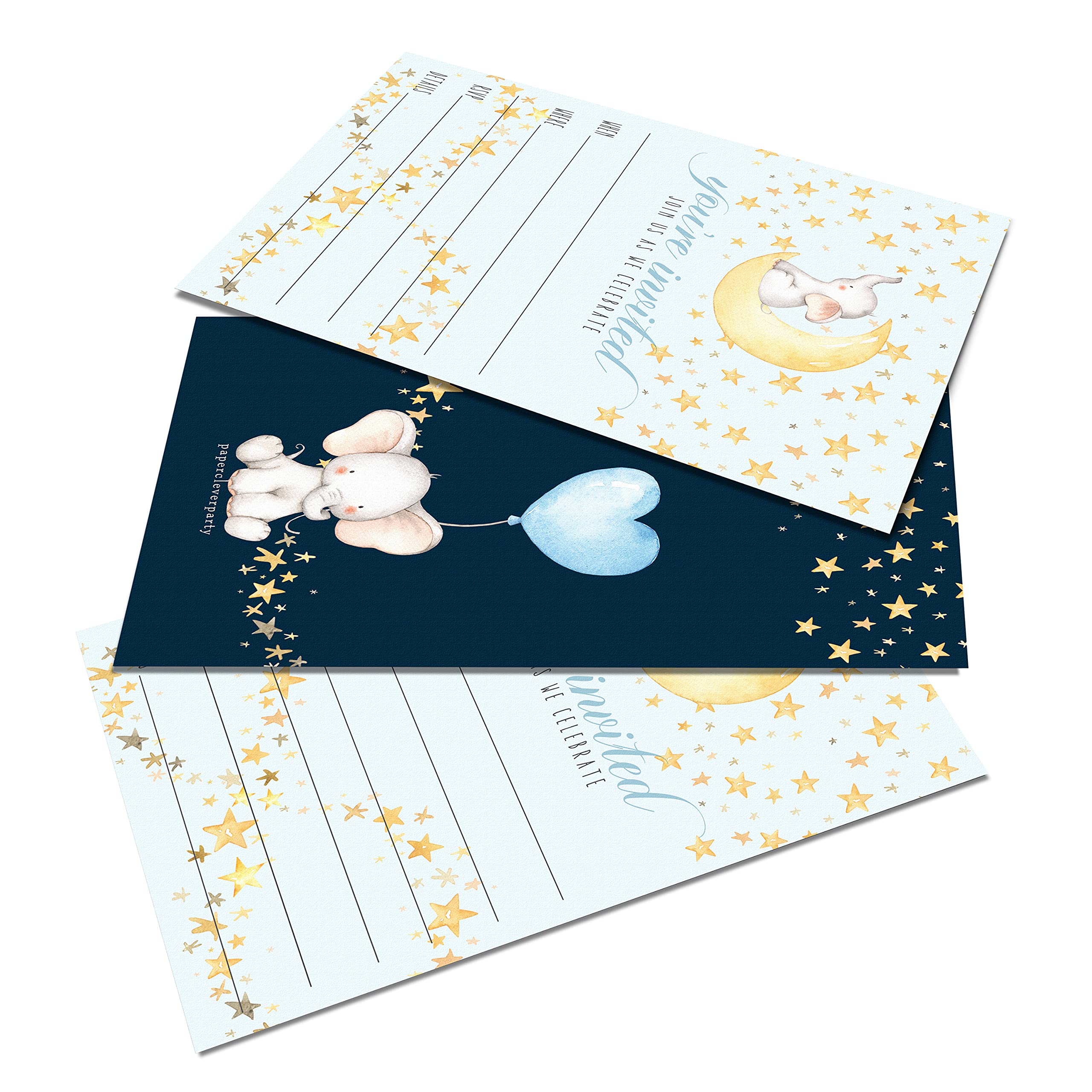 Star and Elephant Invitations with Envelope Pack of 15 – Blank Invites for Boys Baby Shower, Reveal, Sprinkle – Twinkle Starry Moon Event Designs Blue – Printed 4x6 Size Card Set - Paper Clever Party