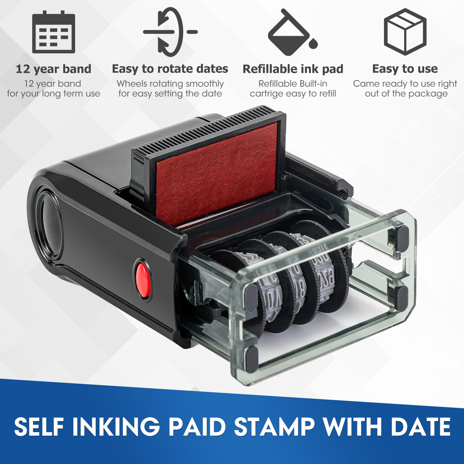 Toplusesse Self-Inking Date Stamp with Paid Office Rubber Paid Phrase & Date Stamp for Business 12-Year Band Green Ink