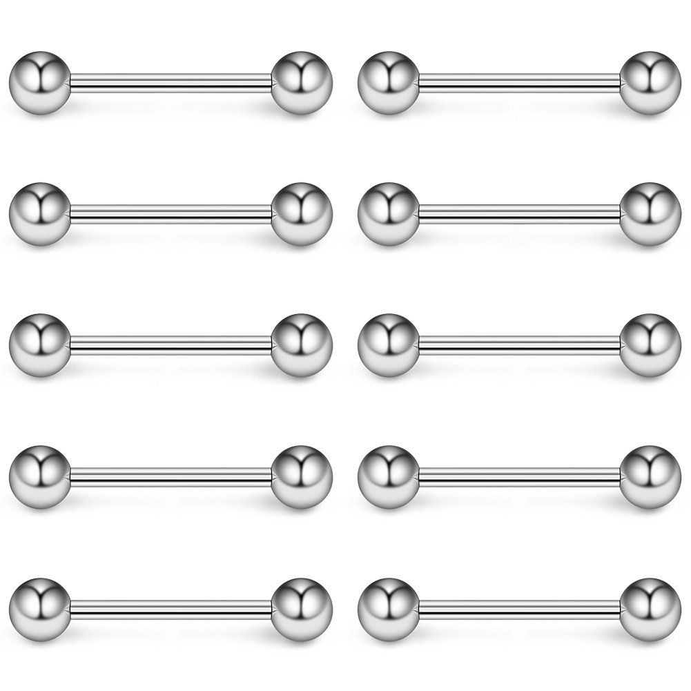 Ruifan 316L Stainless Steel Tongue Nipple Shield Barbell Ring Bar Body Piercing Retainer 14G 12mm 10PCS