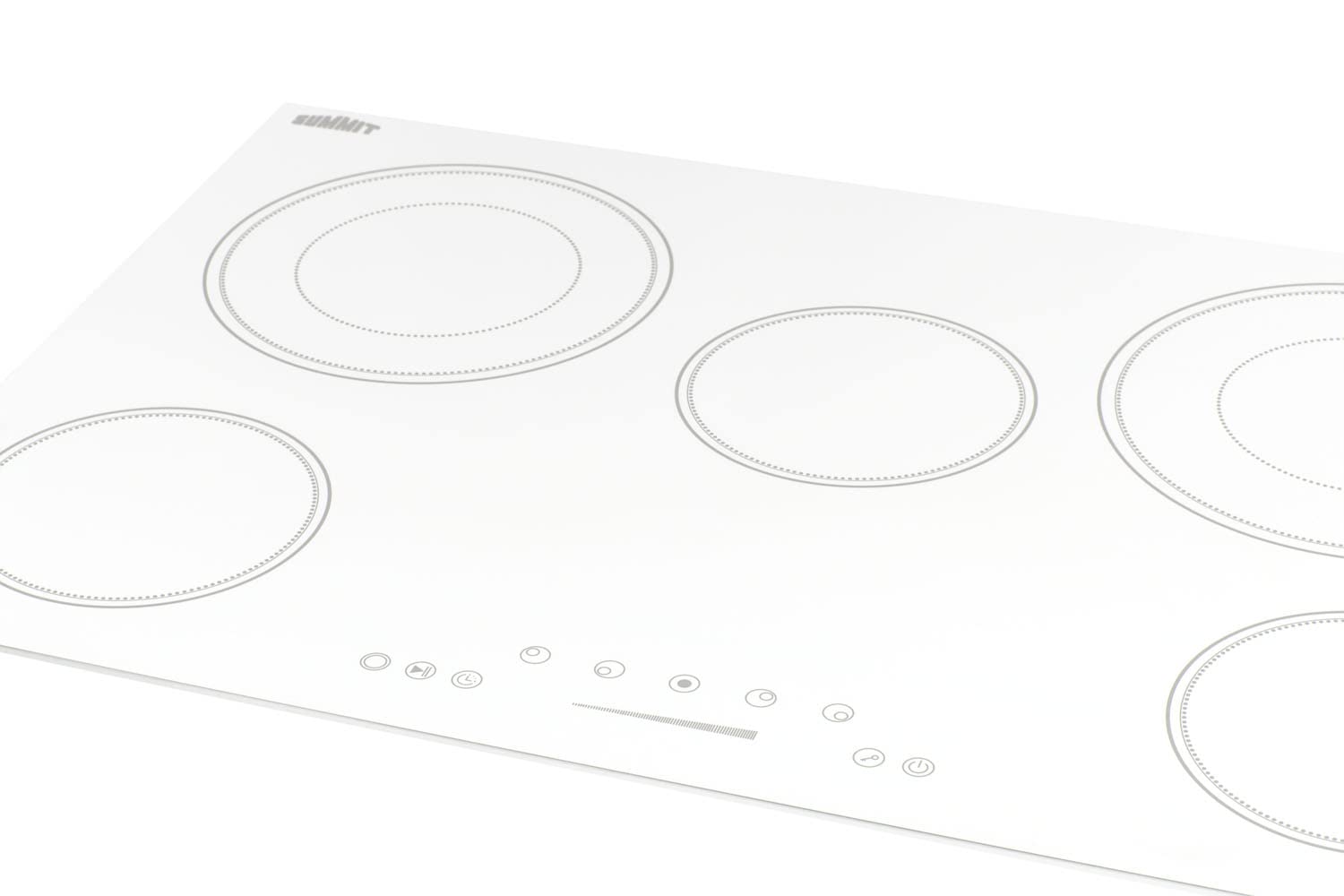 Summit Appliance CR5B30T8W 30" Wide 5-Burner Radiant Cooktop, White, Ceramic Glass Surface, Digital Touch Controls, 9 Power Levels, Programmable Timer, Residual Heat Indicator, 208-240v Operation
